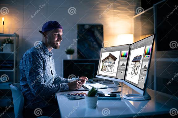 Graphic Designer Working Late at Night Stock Image - Image of screen ...
