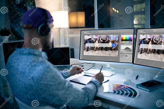 Graphic Designer Working Late at Night Stock Image - Image of multiple ...
