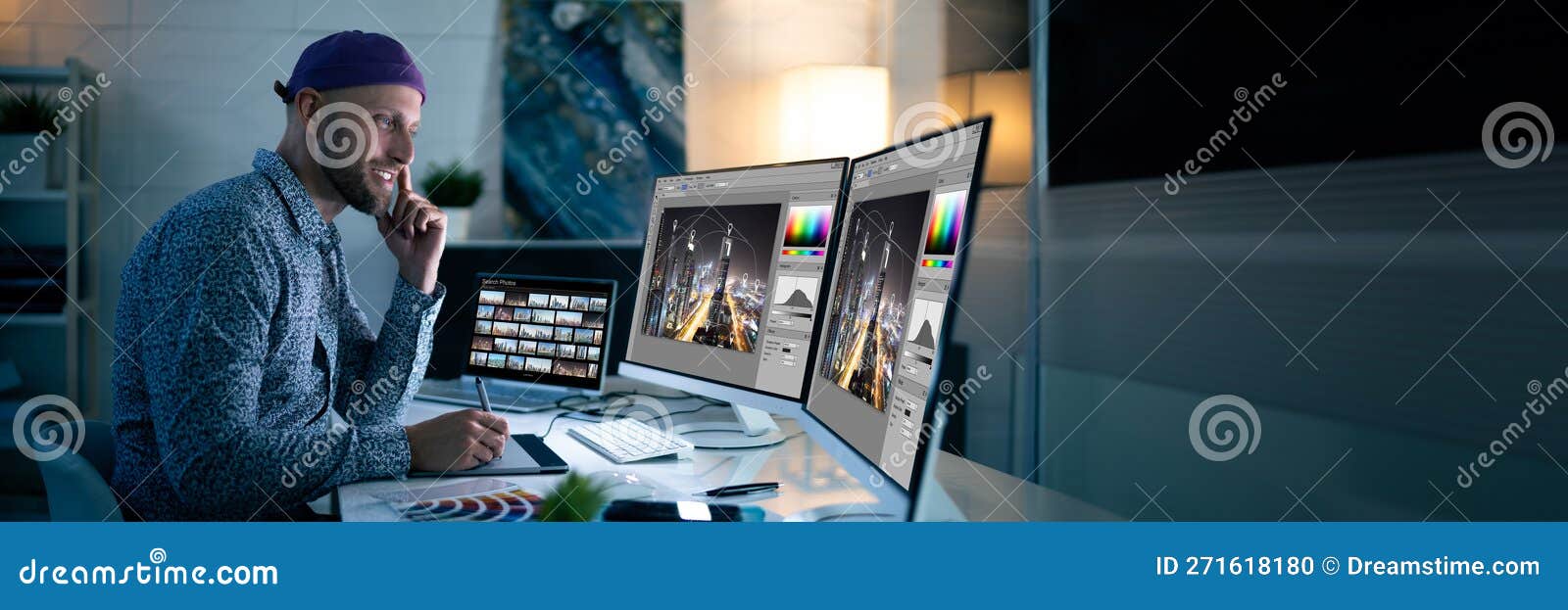 Graphic Designer Working Late at Night Stock Photo - Image of office ...