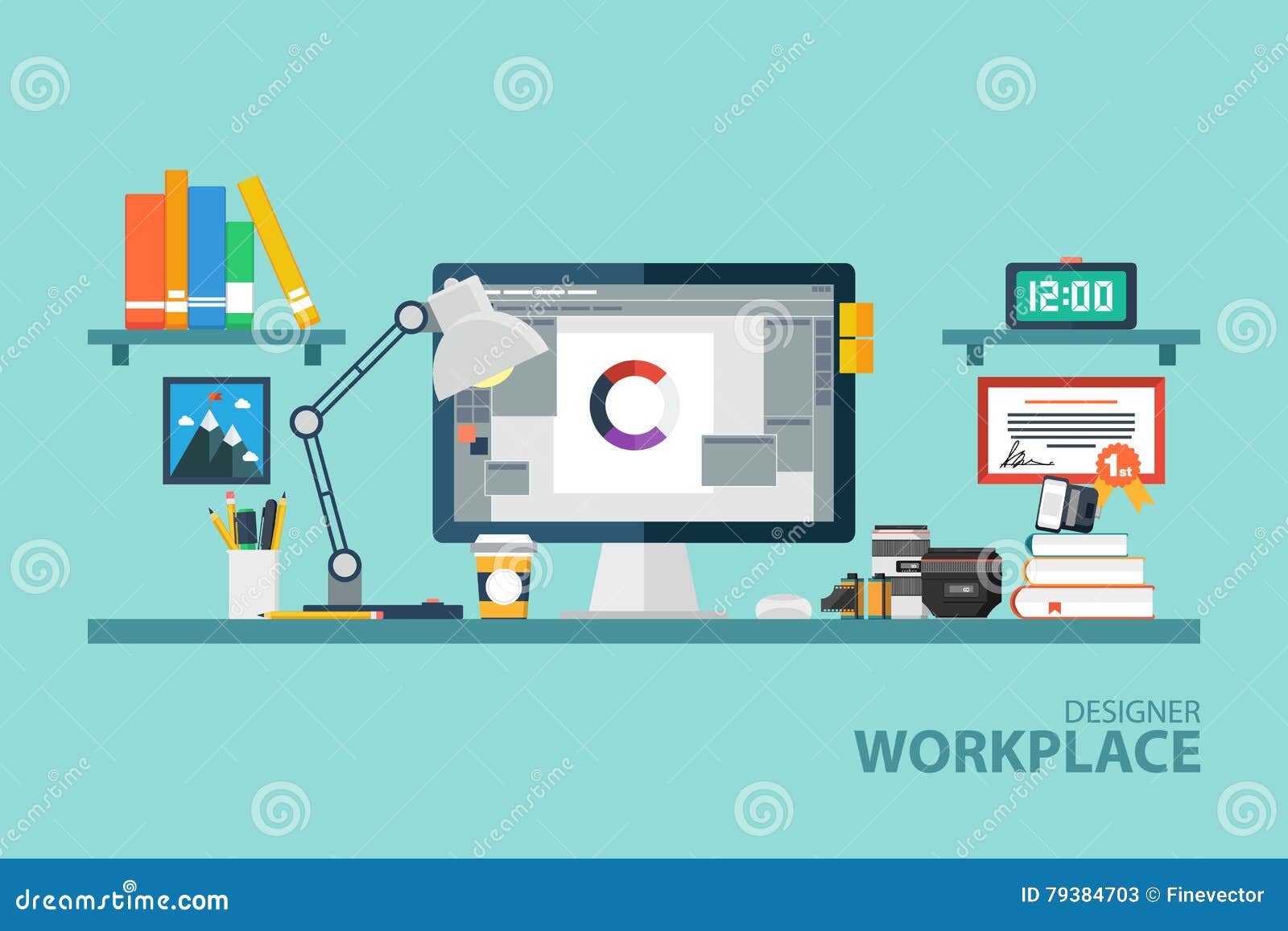 Graphic Designer Workplace Flat Design Vector Illustration. Stock ...