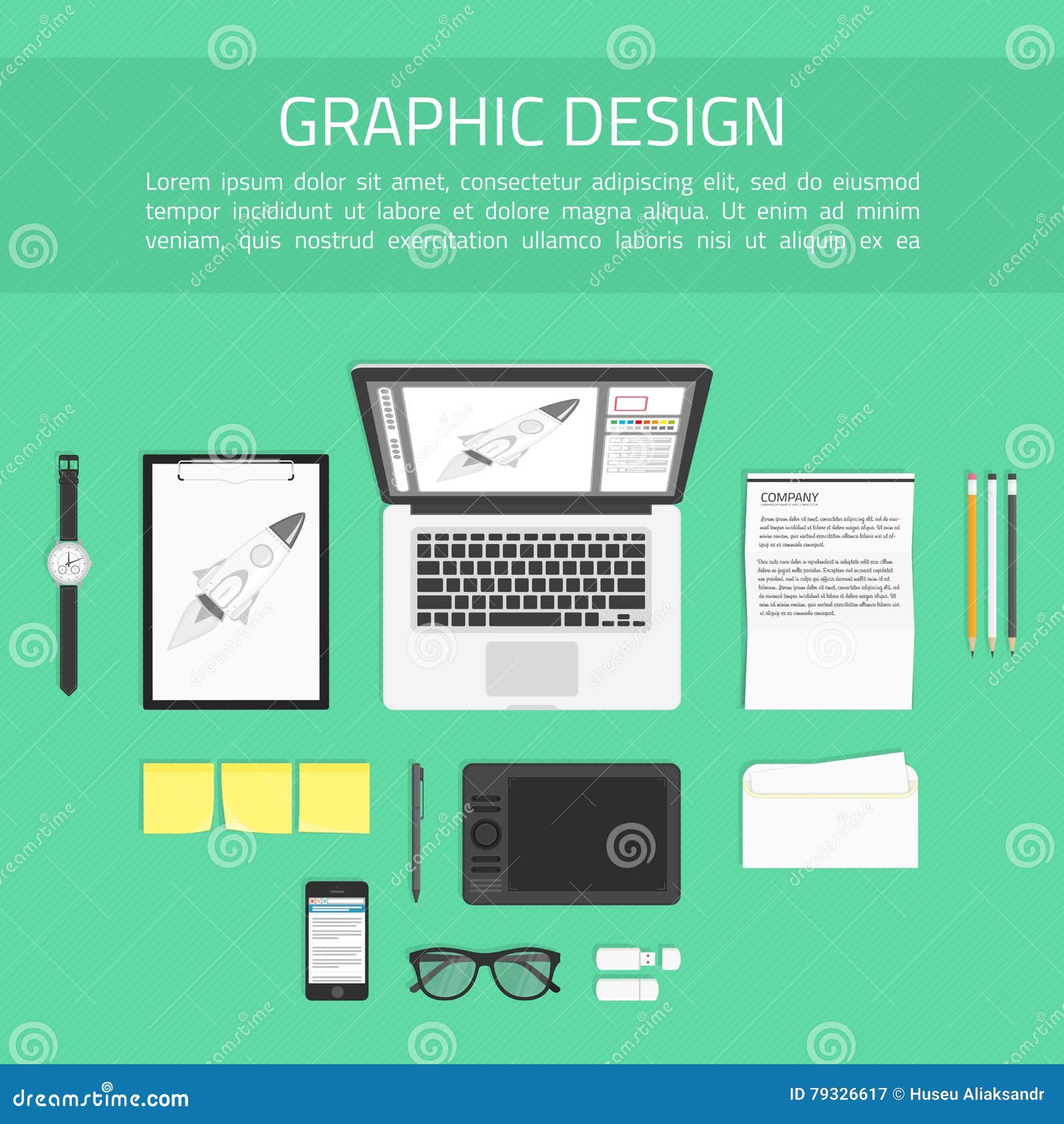 Graphic Designer Workplace Top View. Stock Vector - Illustration of ...
