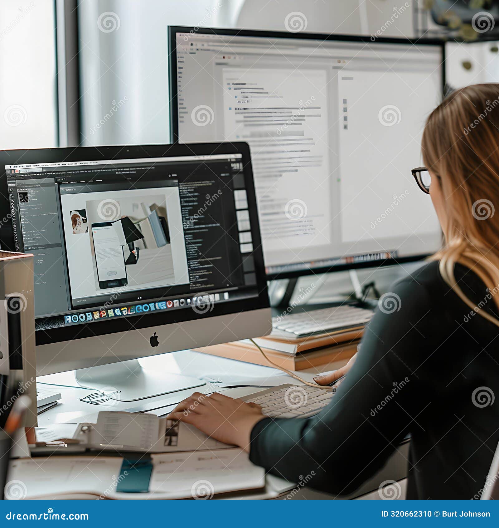 Graphic Designer at Workstation with Dual Monitors Stock Photo - Image ...
