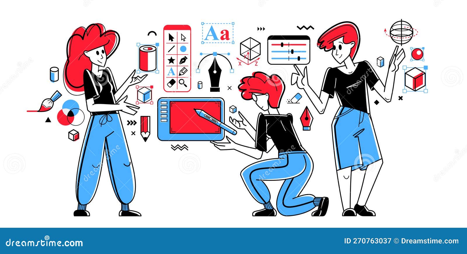 Graphic Designers Team Working on Some Creative Project Vector Outline ...