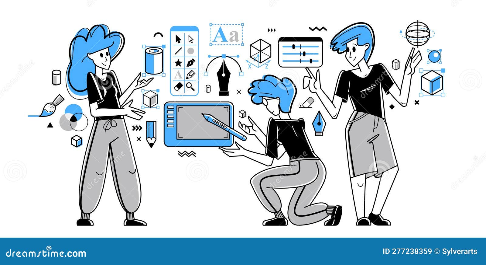 Graphic Designers Team Working on Some Creative Project Vector Outline Illustration, Inspired ...