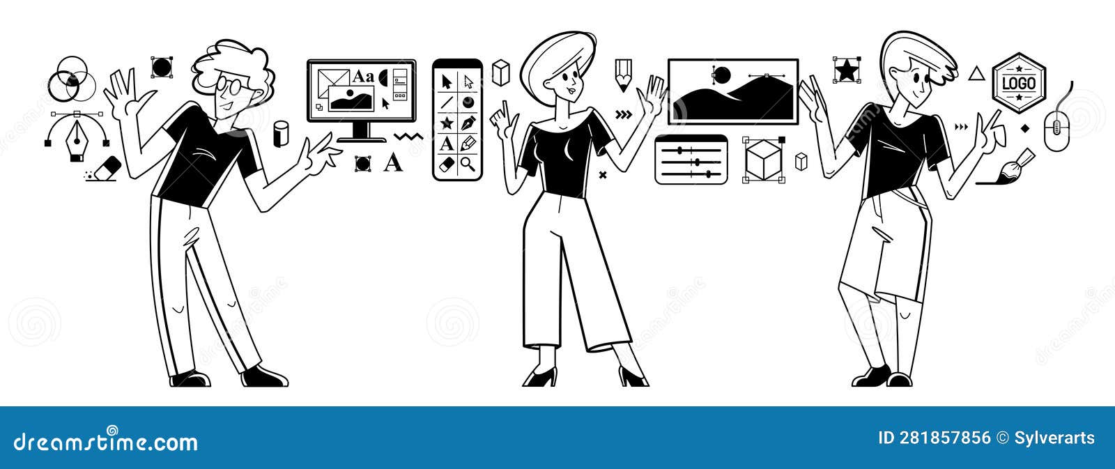 Graphic Designers Team Working on Some Creative Project Vector Outline ...