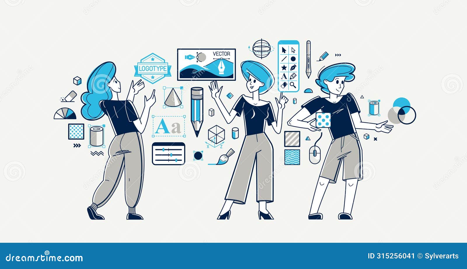 Graphic Designers Team Working on Some Creative Project Vector Outline Illustration, Inspired ...