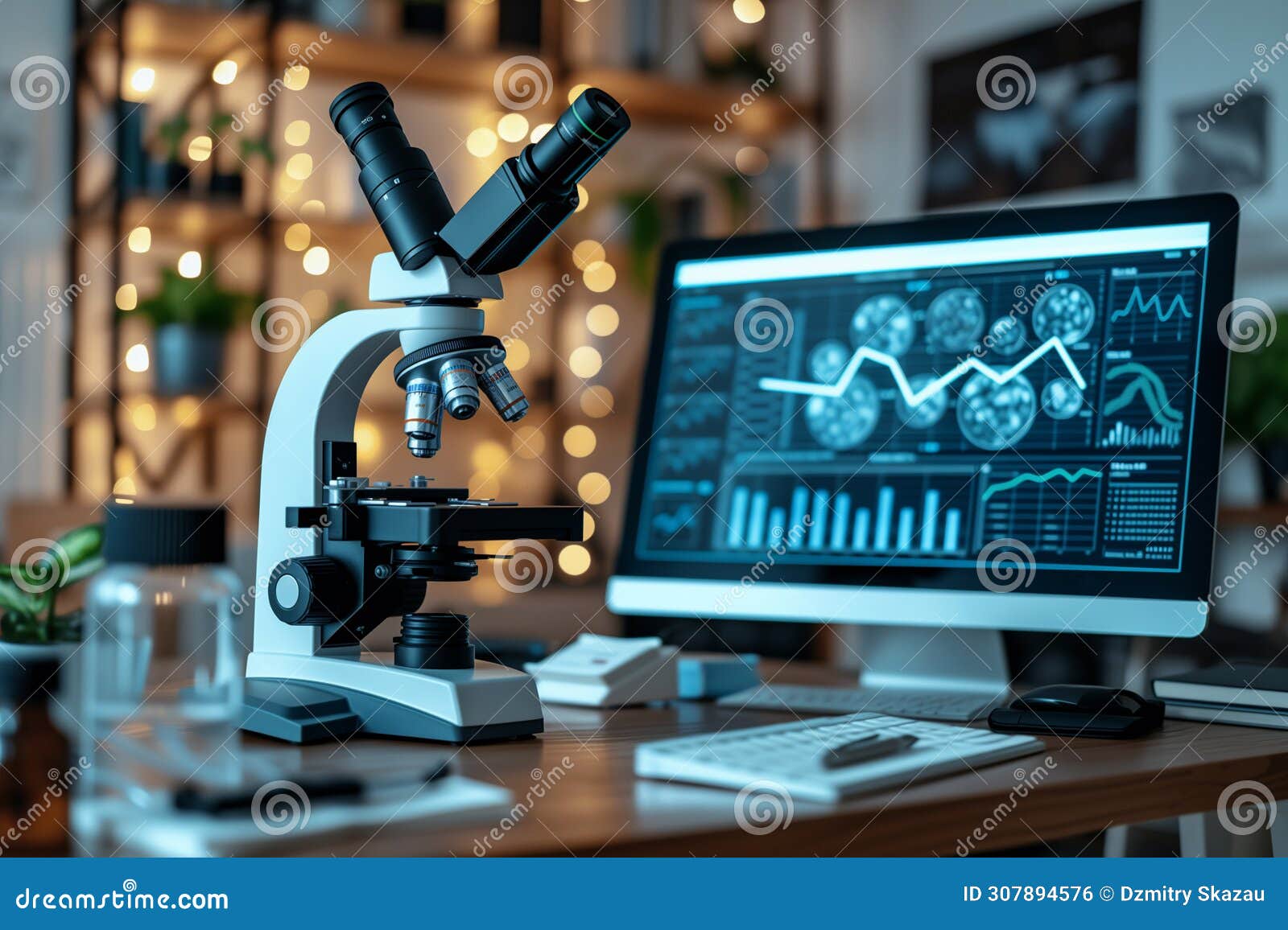 Graphic Diagram on Computer Screen with Microscope Stock Photo - Image ...