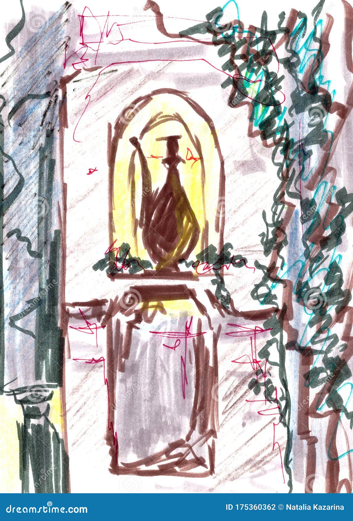 Graphic Drawing of a Decorative Jug Standing in a Lighted Niche Stock ...