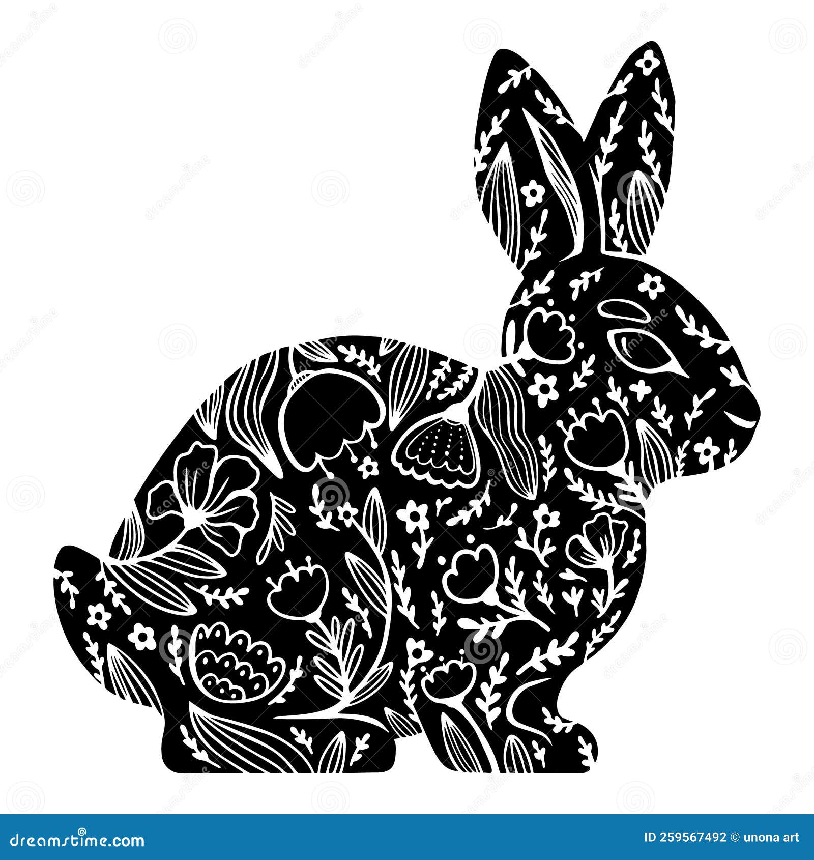 Graphic-drawn Flower Bunny. Stock Vector - Illustration of black, hand ...