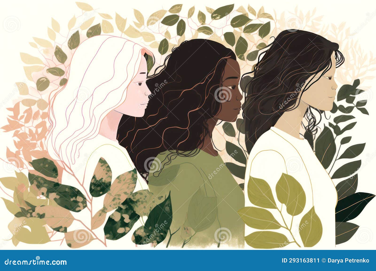 Graphic Female Portrait Of Three Attractive Women Of Mixed Races Stock