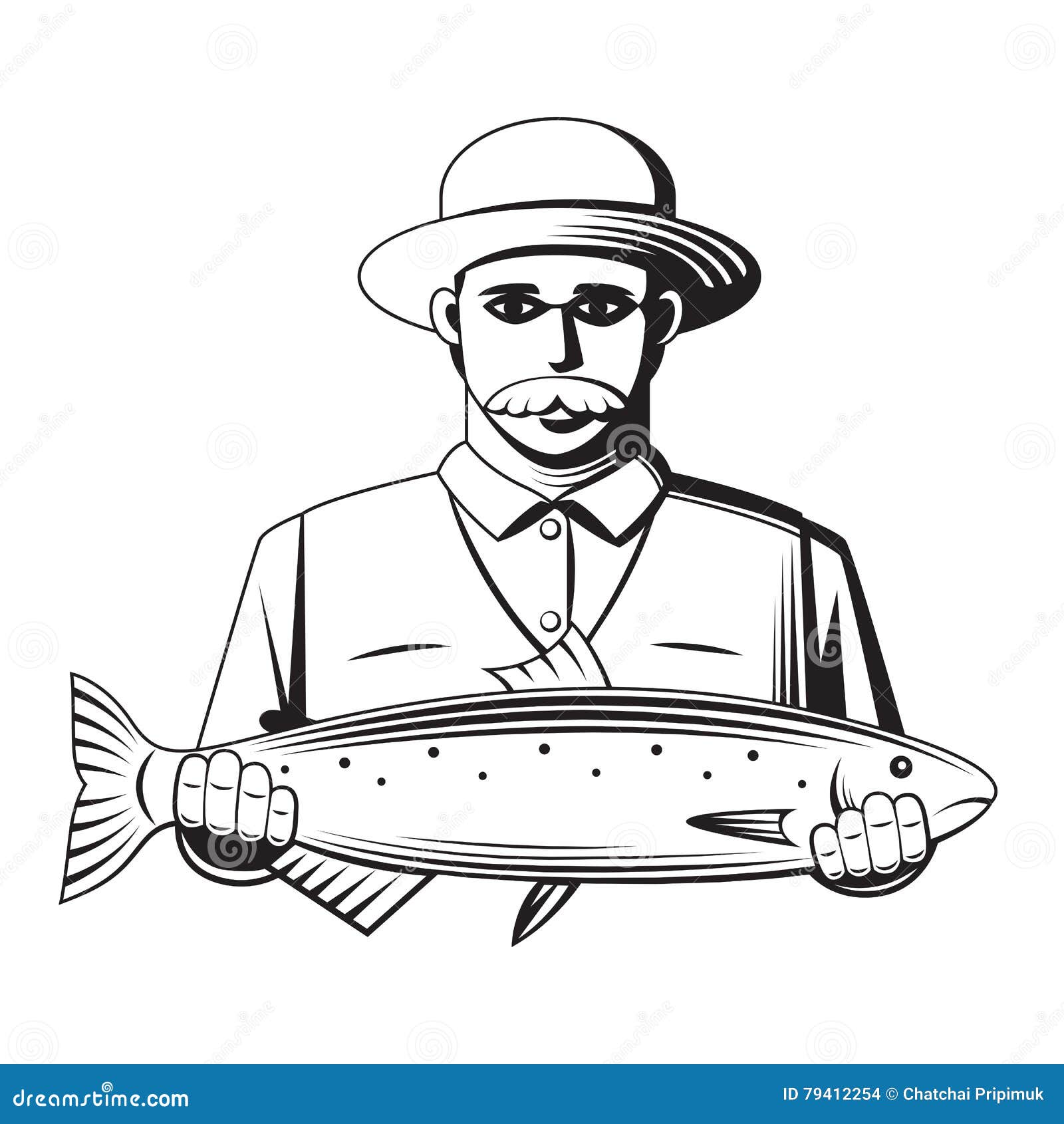 Graphic fisherman, vector stock vector. Illustration of white - 79412254
