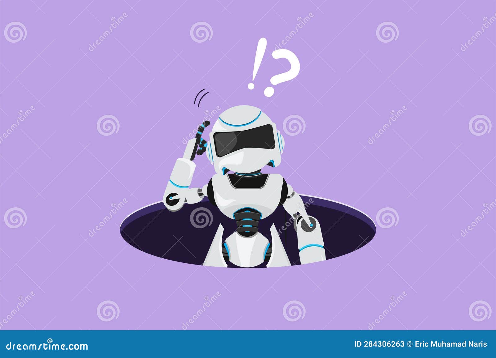 Graphic Flat Design Drawing Confused Robot Emerges from Hole. Depressed ...