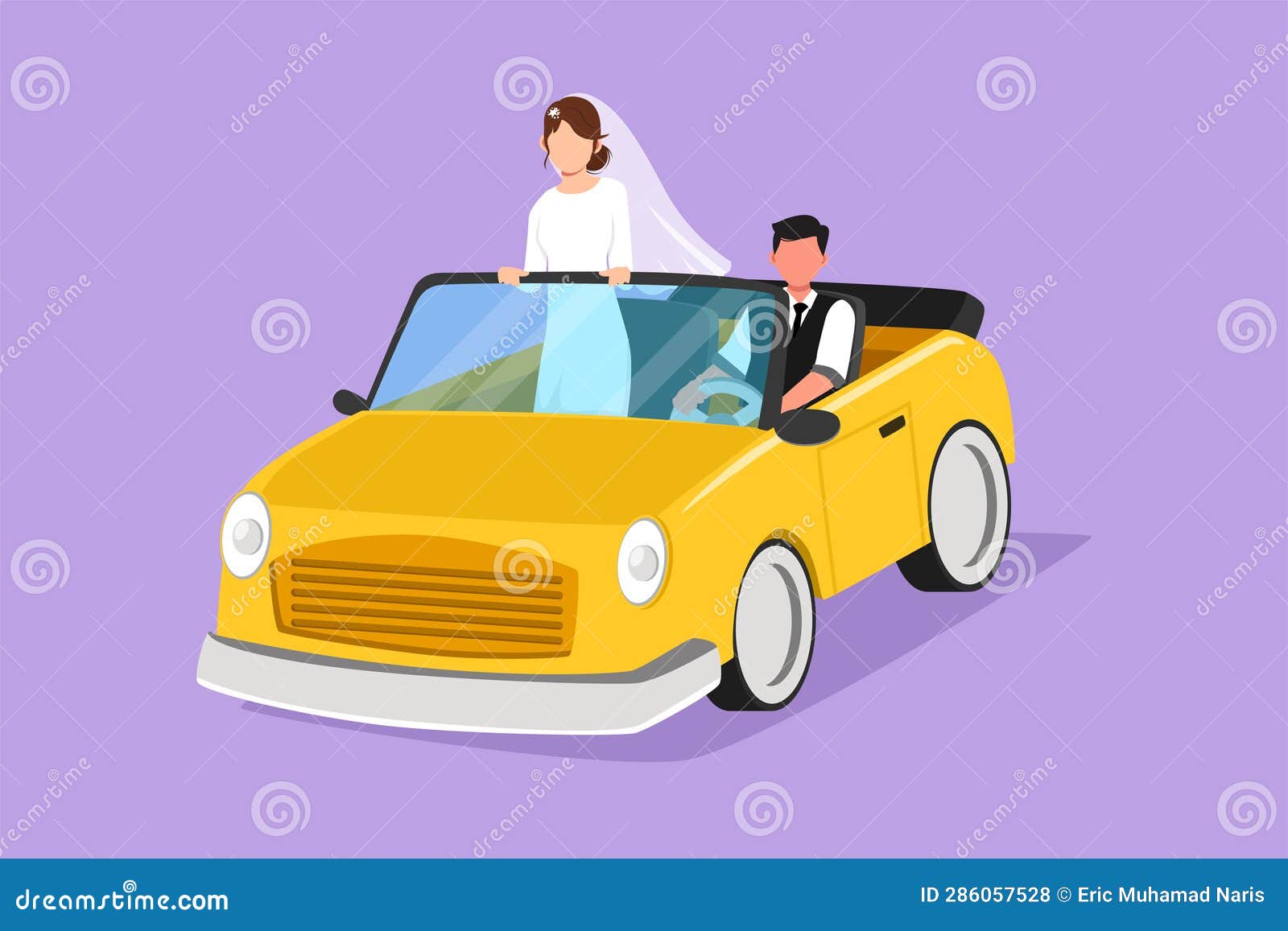 Graphic Flat Design Drawing Happy Married Couple Riding Car Going On