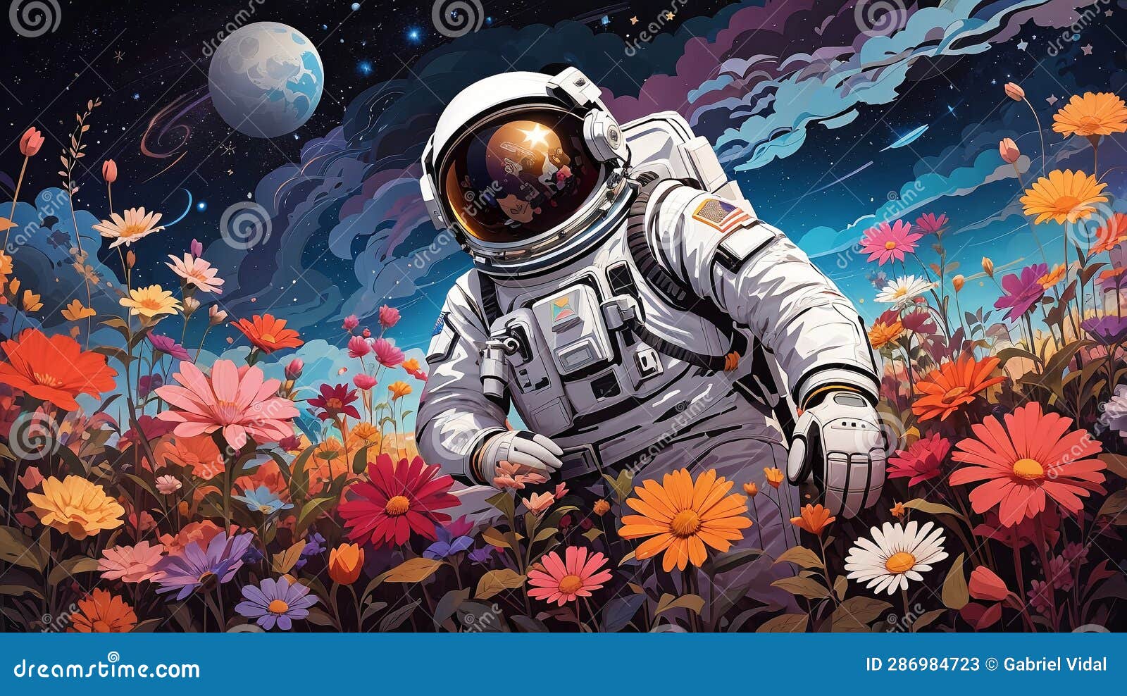 Illustration of Astronaut and Flowers in Vivid Colors Stock ...
