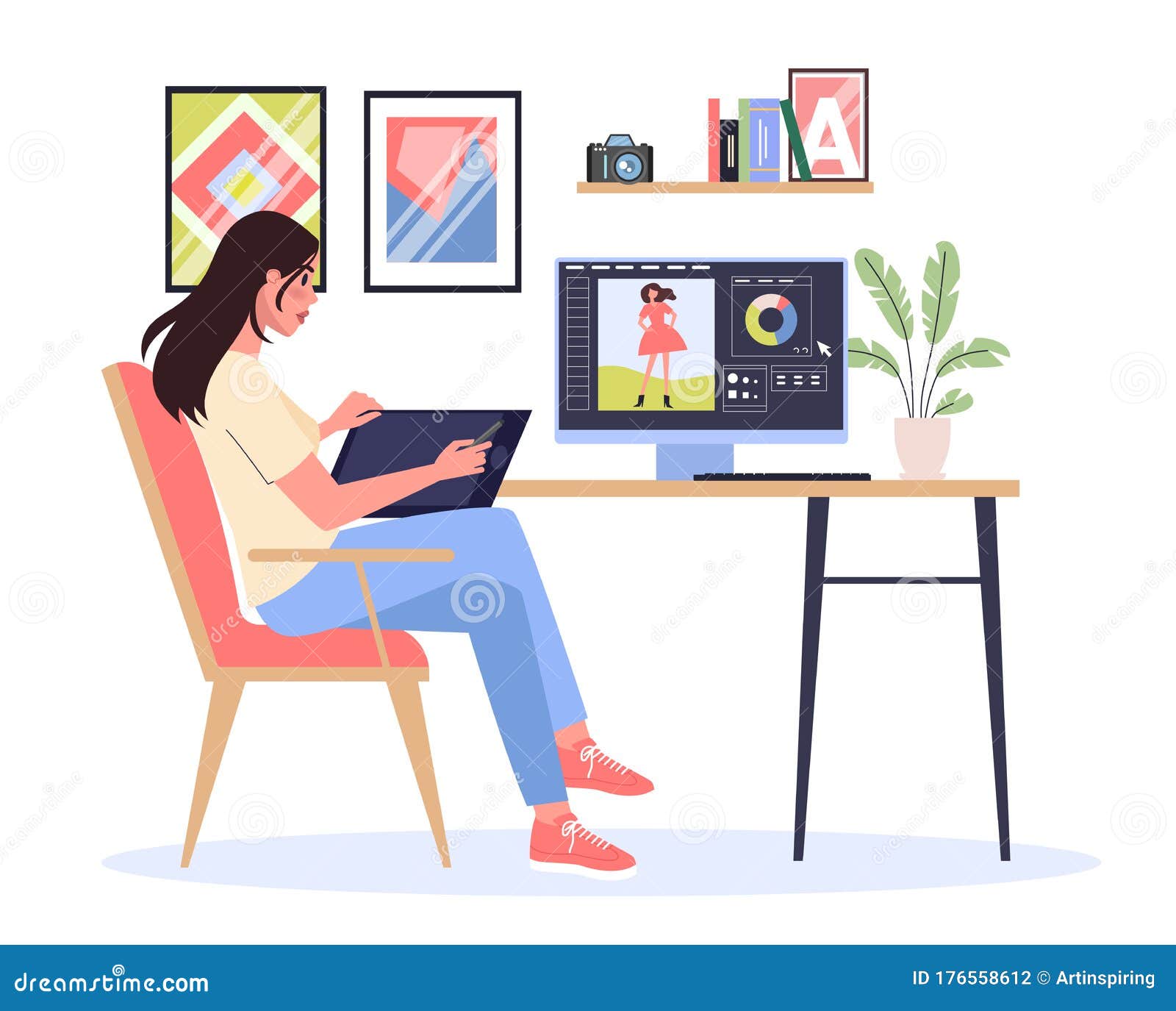 Graphic Illustration Designer Working on the Computer. Stock Vector ...