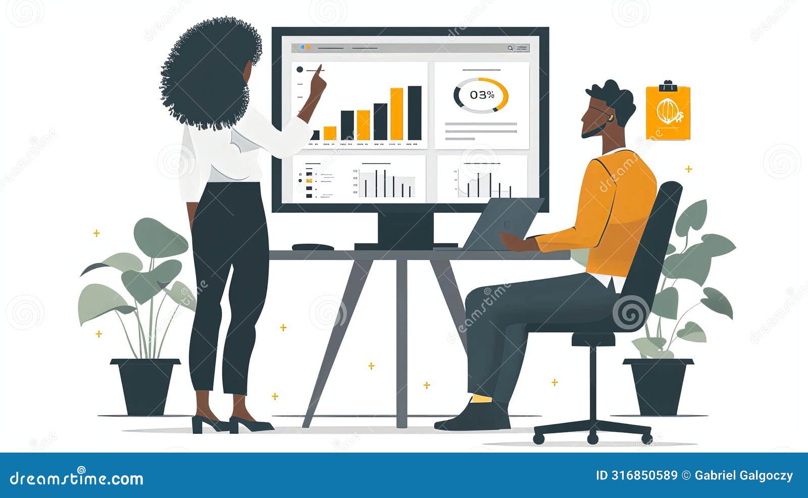 Graphic Illustration of Man and Woman in Office Working at Computer ...