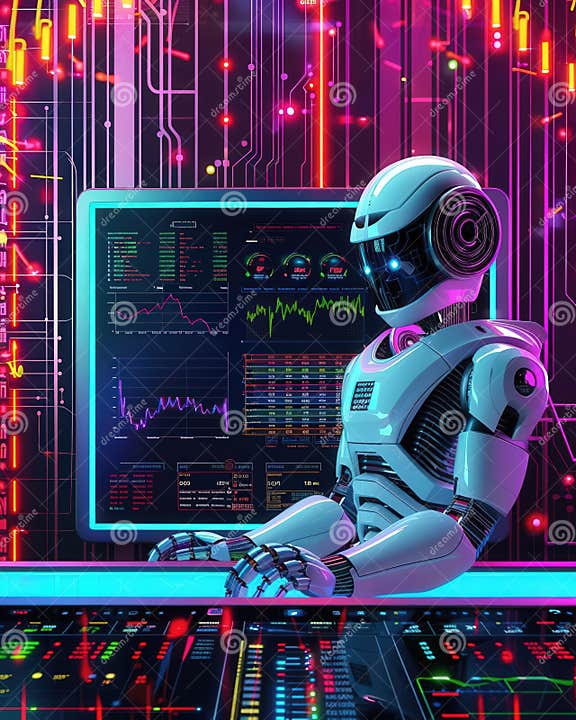 Graphic of Illustration of a Robot Analyzing Data Charts on a Neon ...