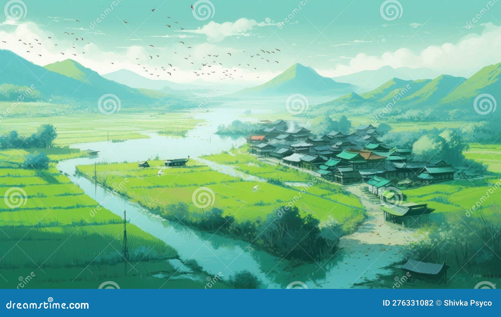 Graphic Illustration of Village Distant View Generative AI Stock ...
