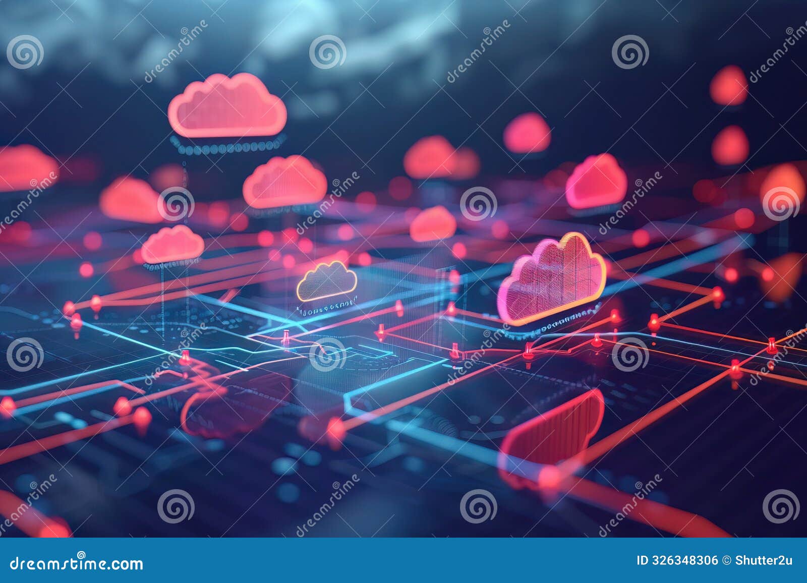A Graphic Interface Showing A Cloud Computing Network With Nodes And Connections Representing