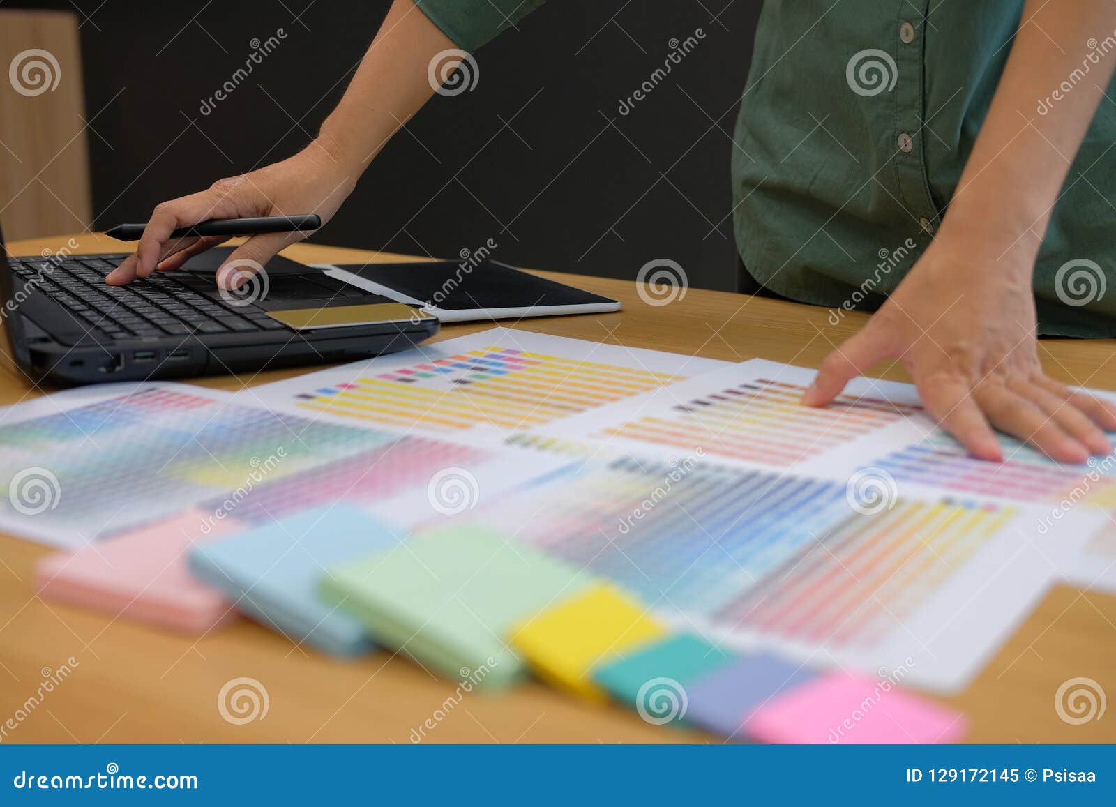 Graphic Interior Designer Working with Computer & Choosing Color Stock ...