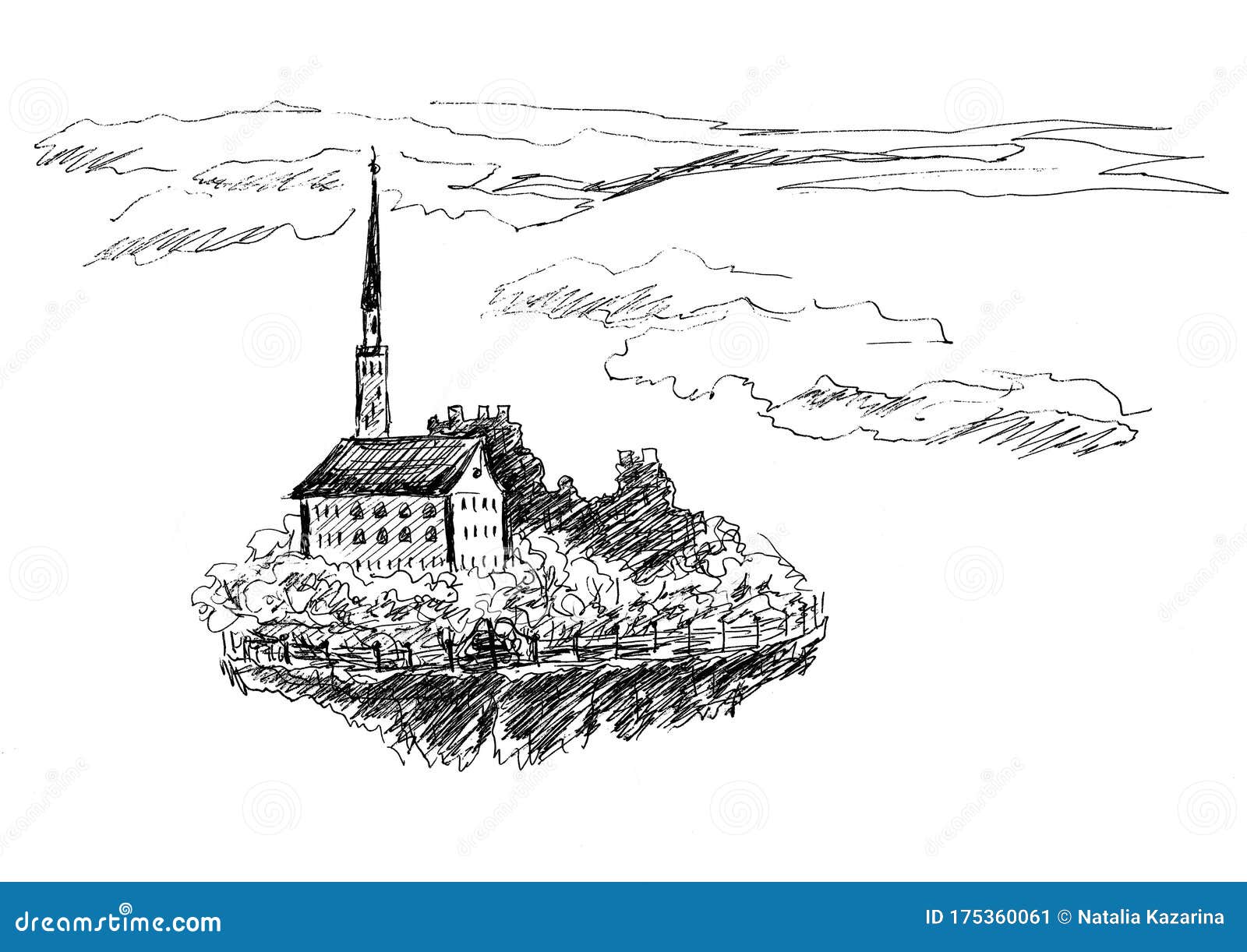 Graphic Linear Black and White White Drawing of an Old Manor with a ...