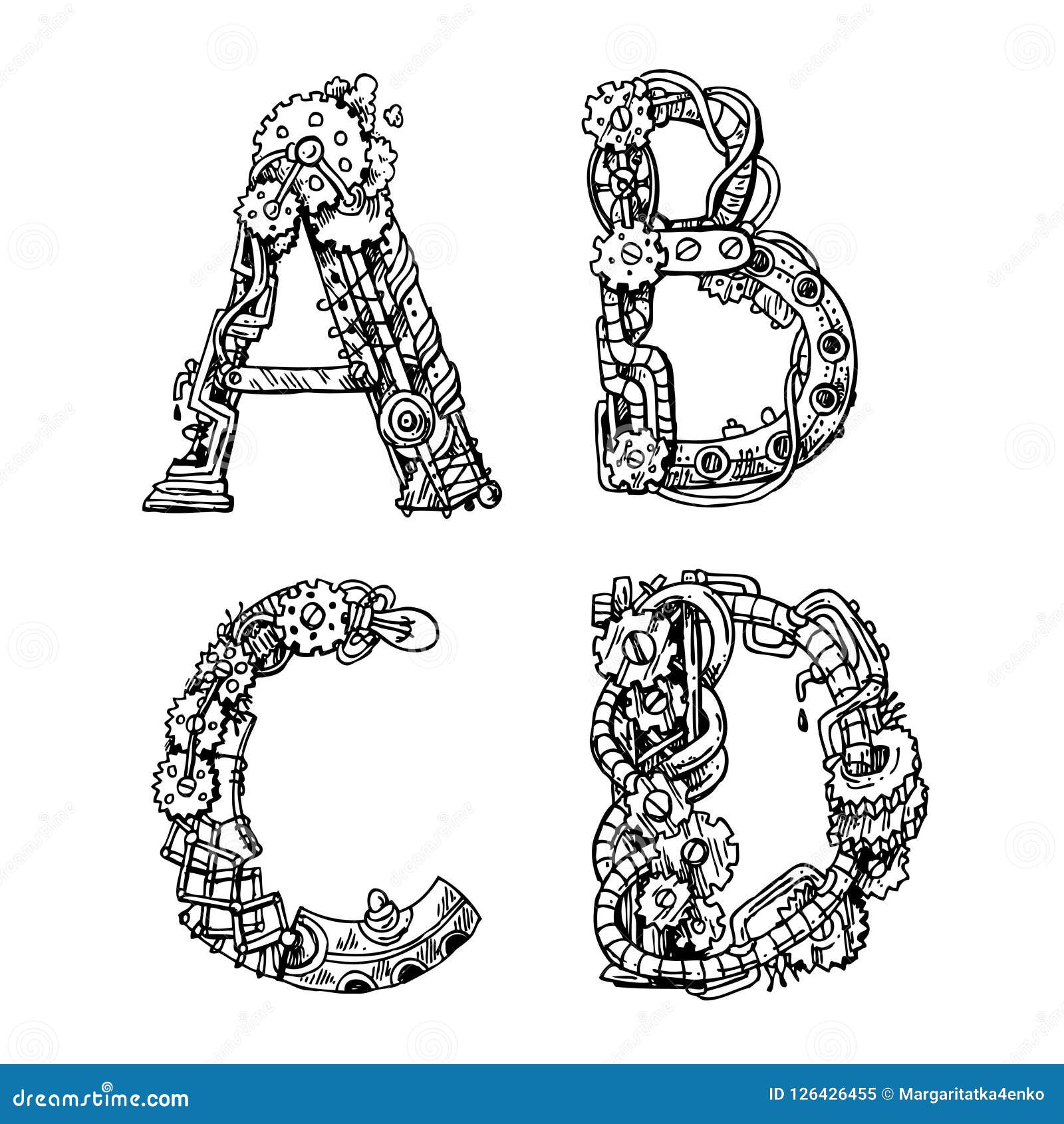 Hand Drawn Vector Seamless Pattern with Mechanical Letters. Stock ...