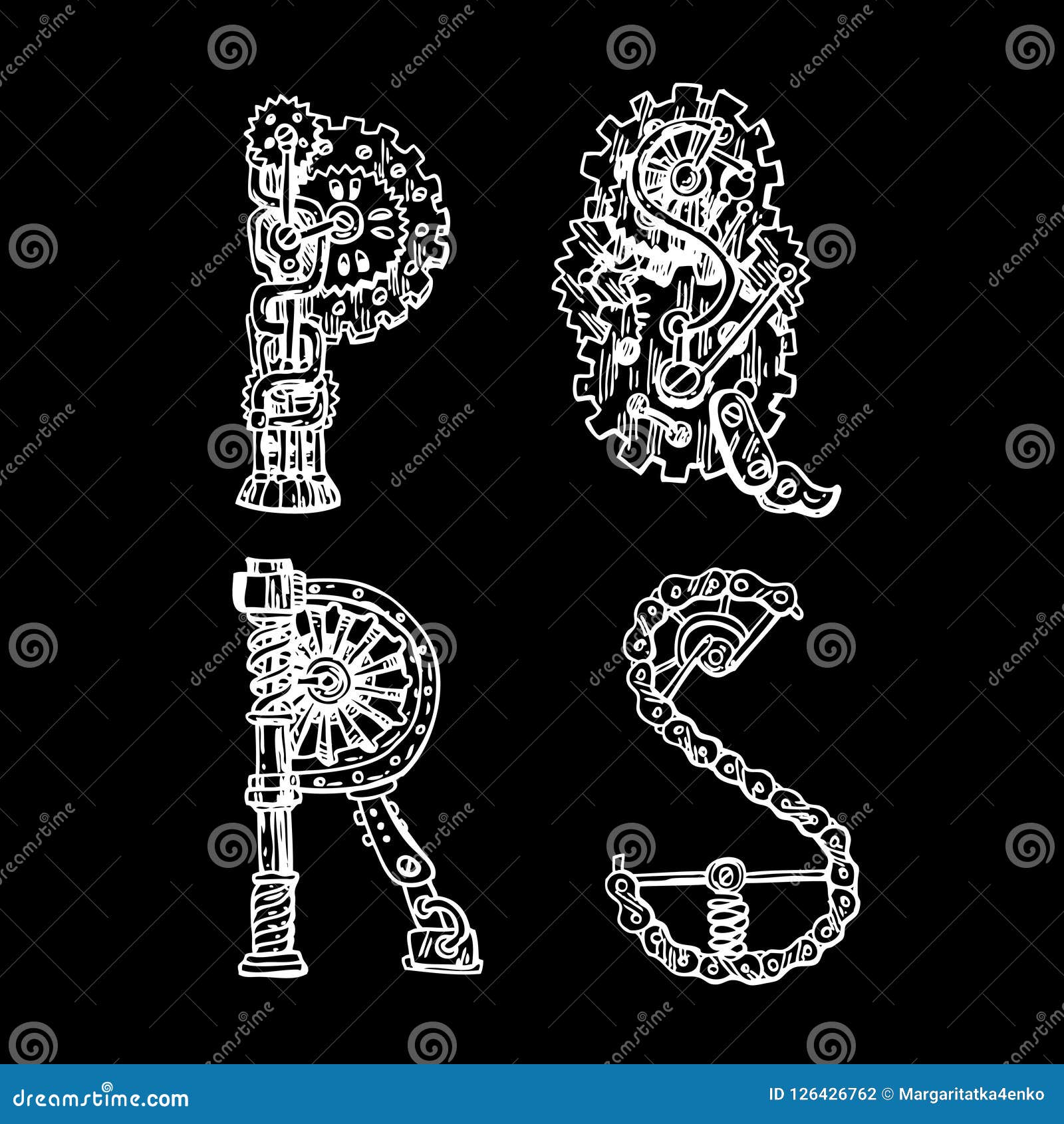Hand Drawn Vector Seamless Pattern with Mechanical Letters. Stock ...