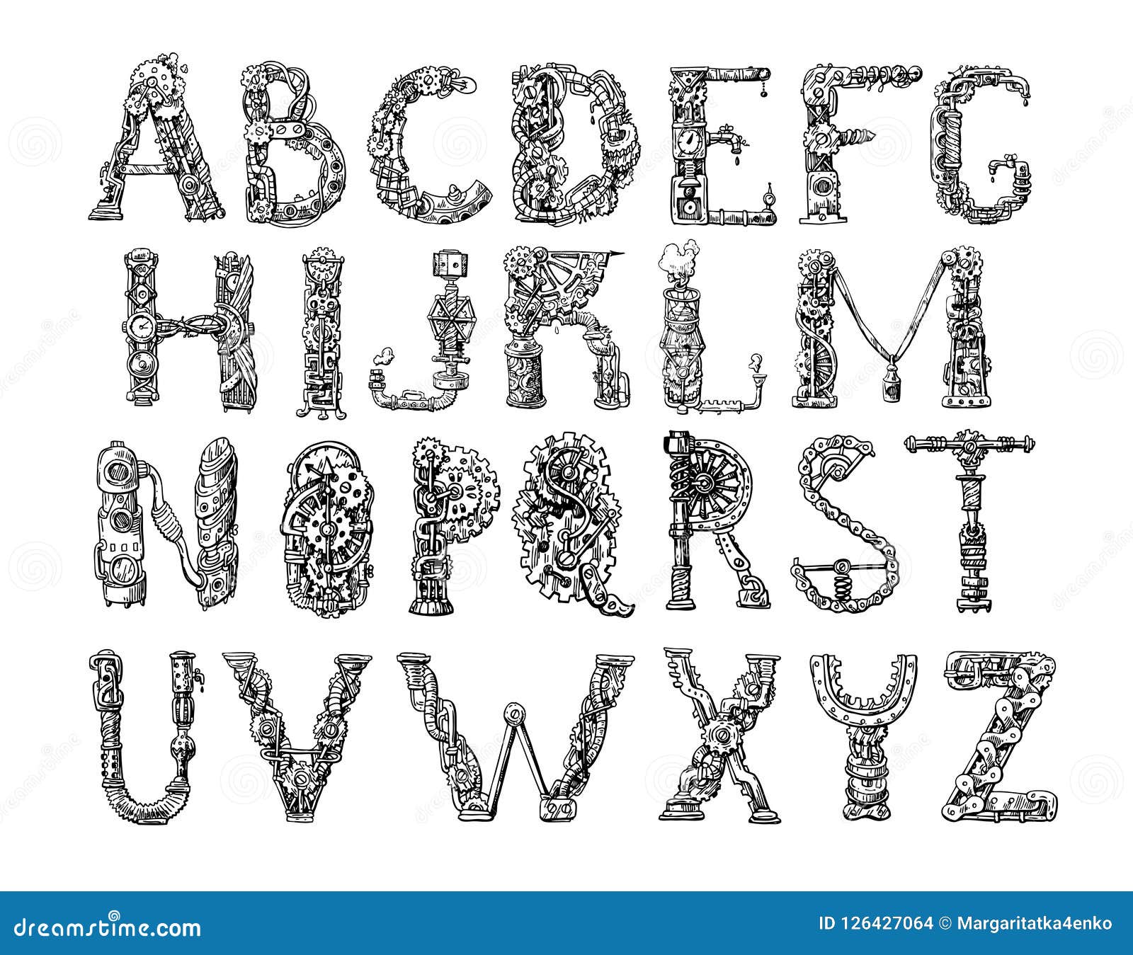 Hand Drawn Vector Seamless Pattern with Mechanical Letters. Stock ...