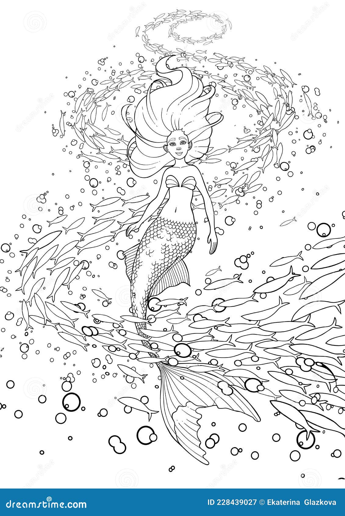 Graphic Mermaid Swimming Under the Ocean Surface among the School of ...