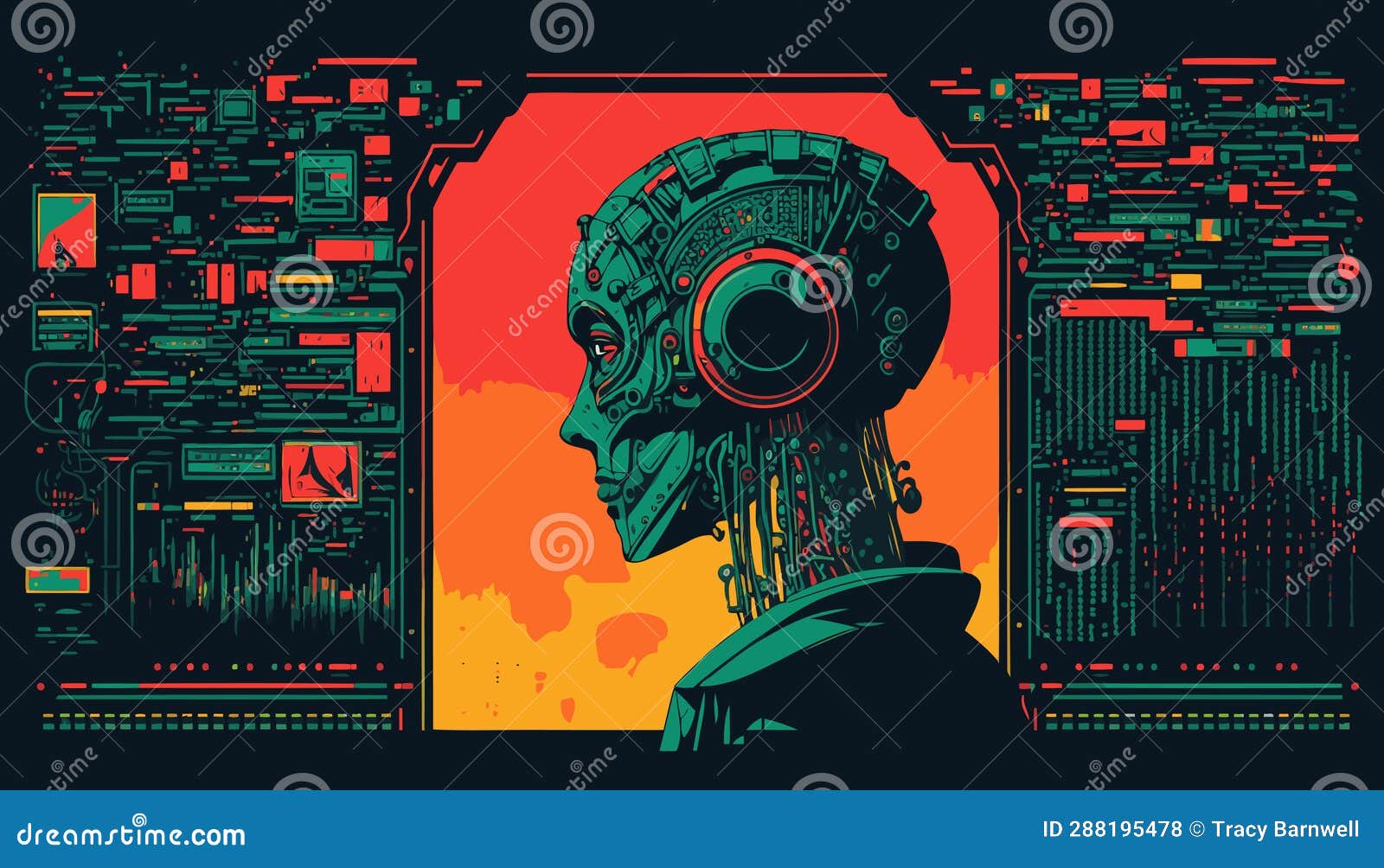 A Graphic Novel Anime Style Robot on a Background of Computer Circuitry ...