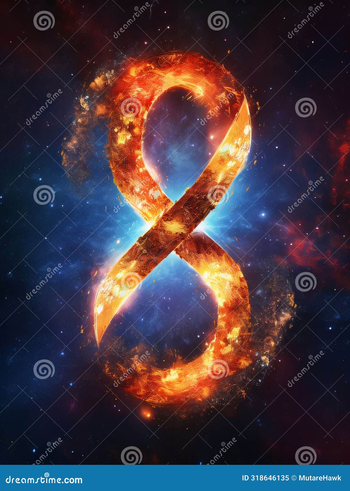 Infinity Symbol in Space with Fire and Stars. 3D Rendering Number 8 ...