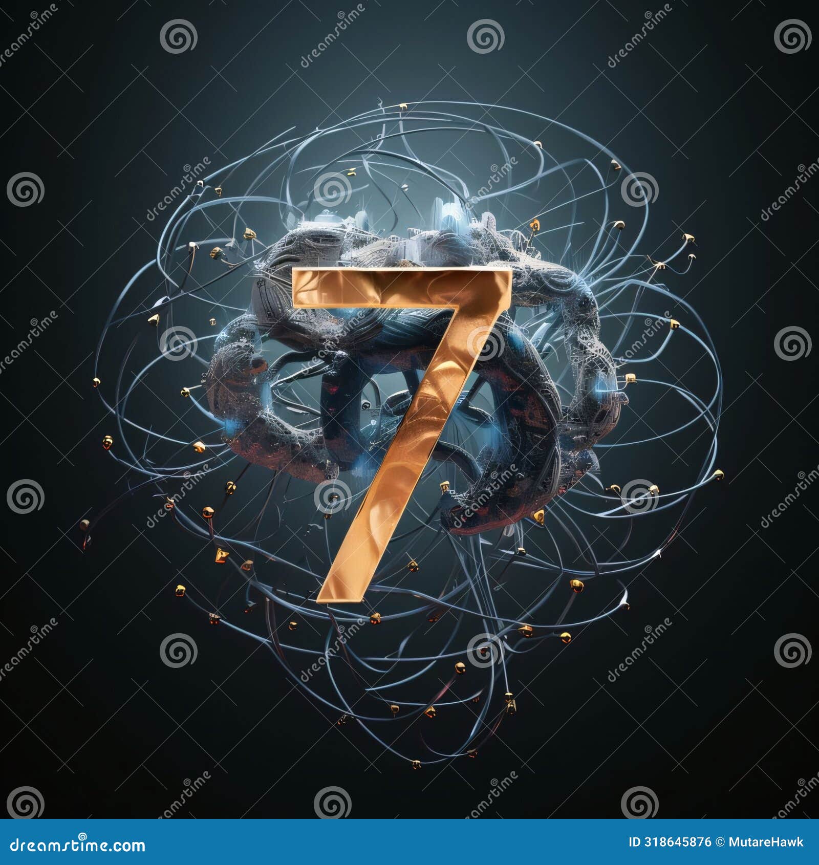 Number 7 Made of Abstract Particles and Lines on Dark Background. 3D ...