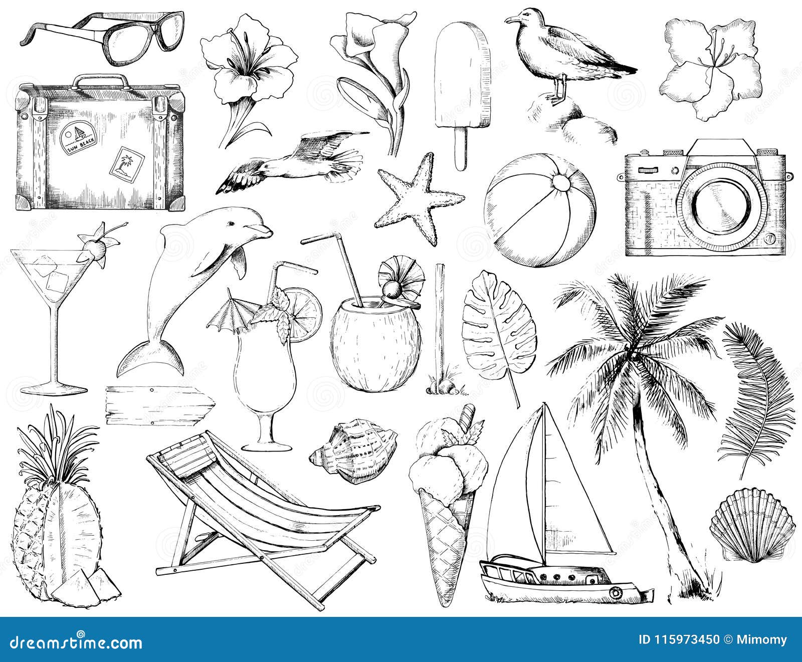 Beach Objects - Parasol, Flippers, Suitcase, Ball, Mask, Bucket. Hand ...