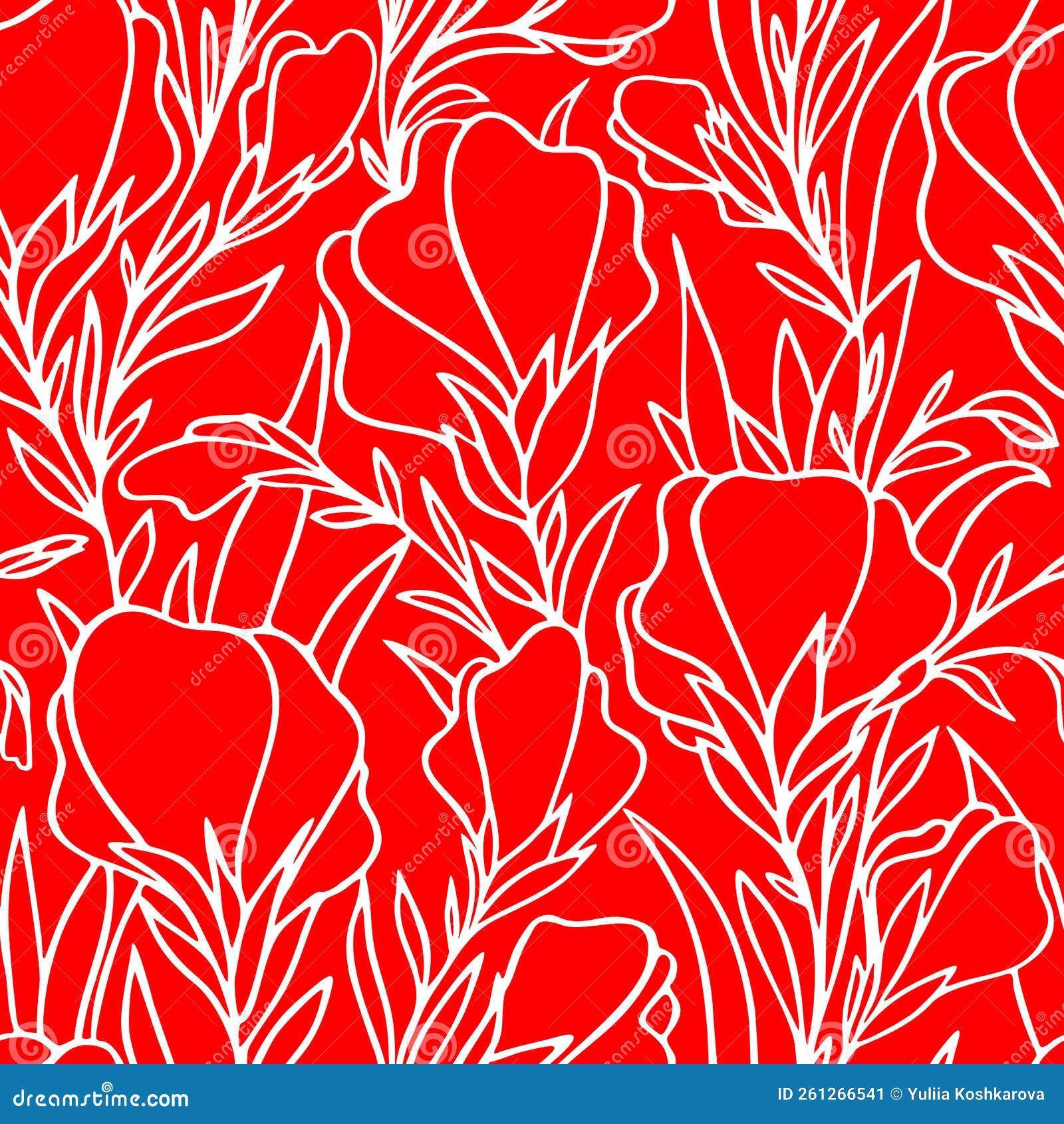 Graphic Pattern of Large Contours of White Flowers on a Red Background ...