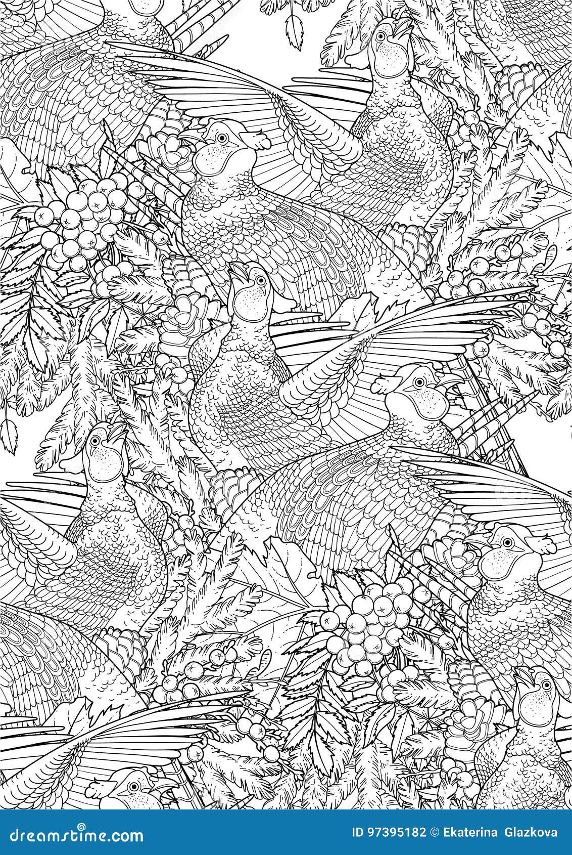 Graphic pheasants pattern stock vector. Illustration of page - 97395182