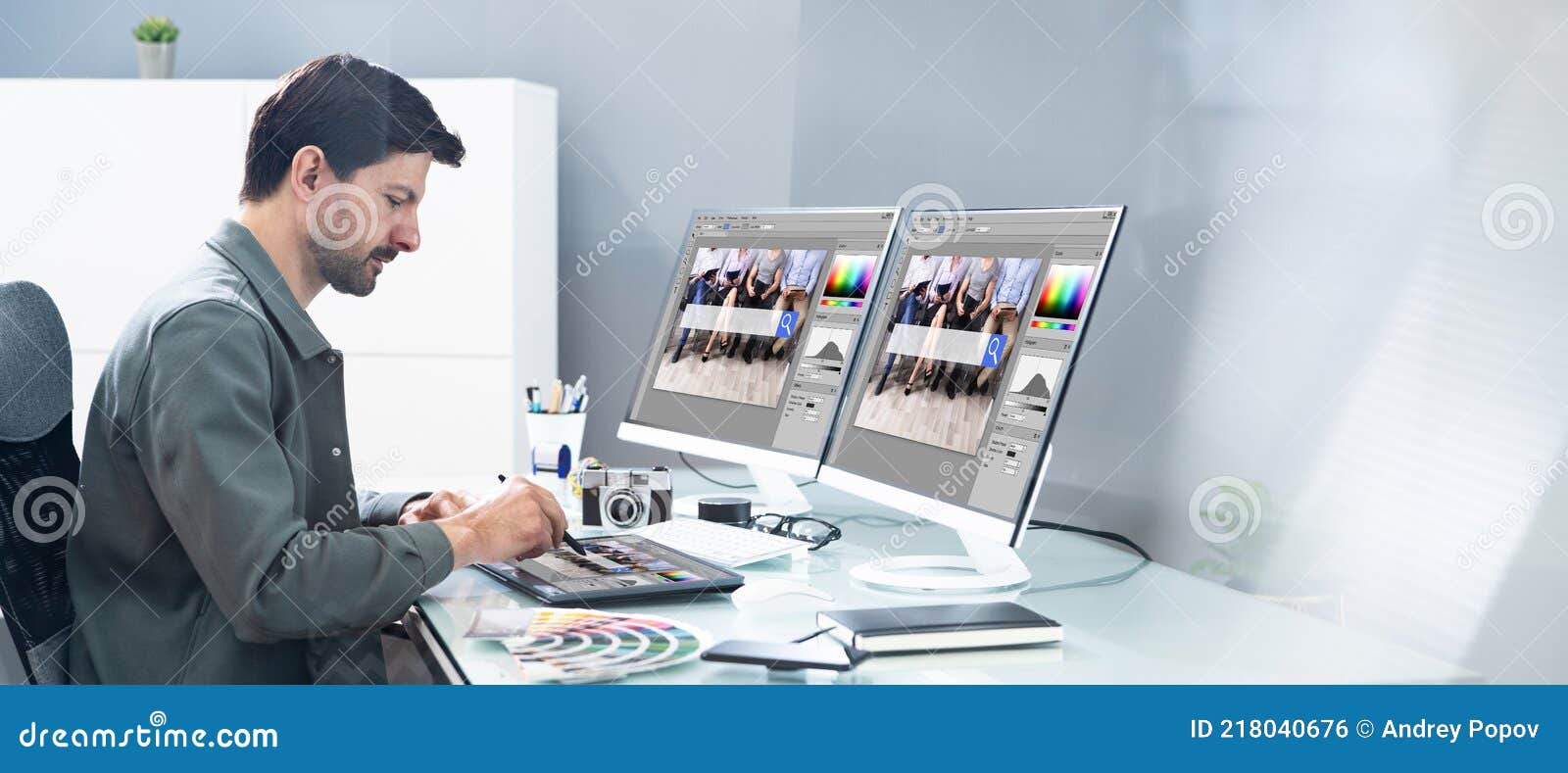 Graphic Photo Designer Using Computer Screen Stock Photo - Image of ...