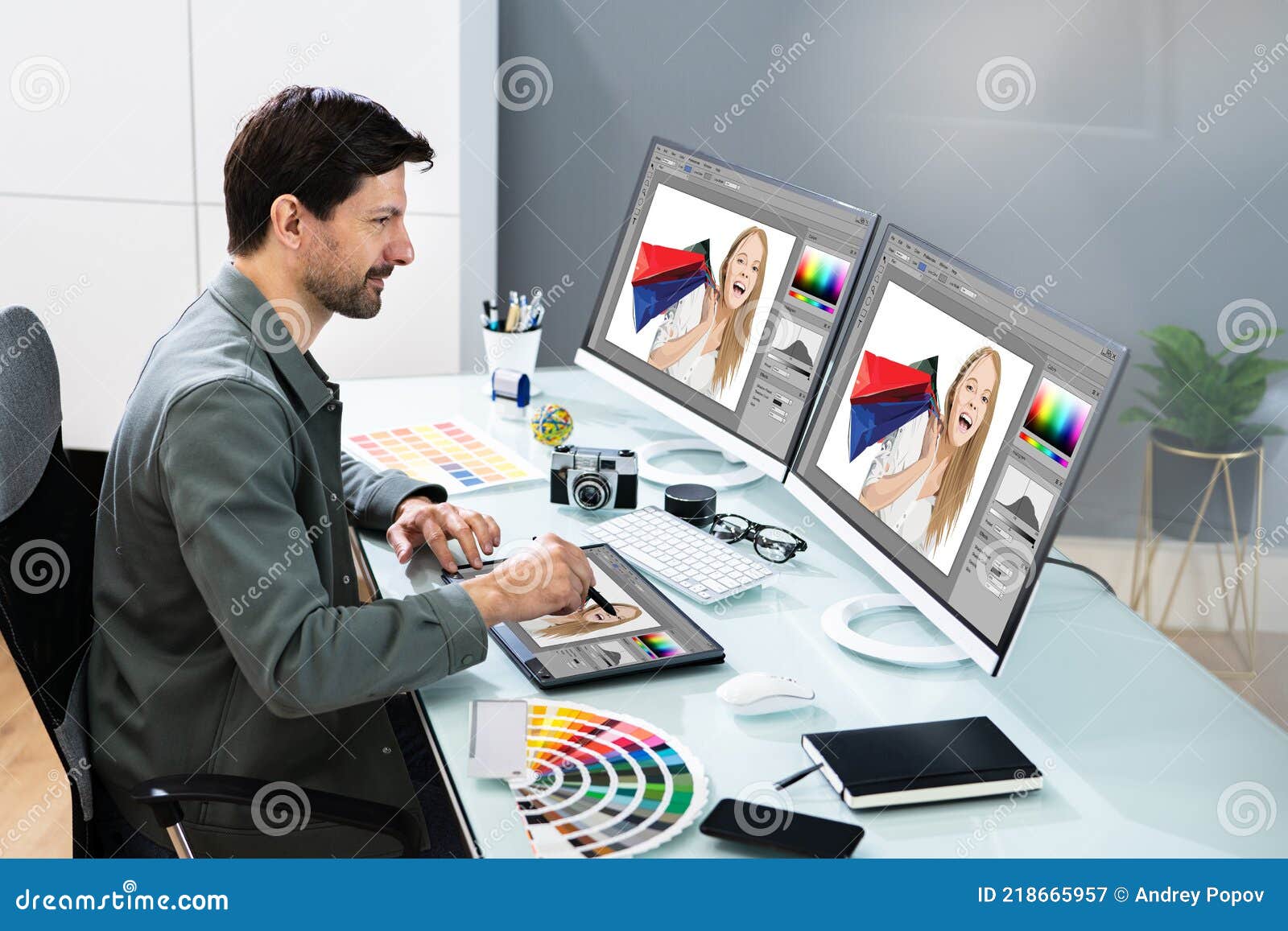 Graphic Photo Designer Using Computer Screen Stock Image - Image of ...