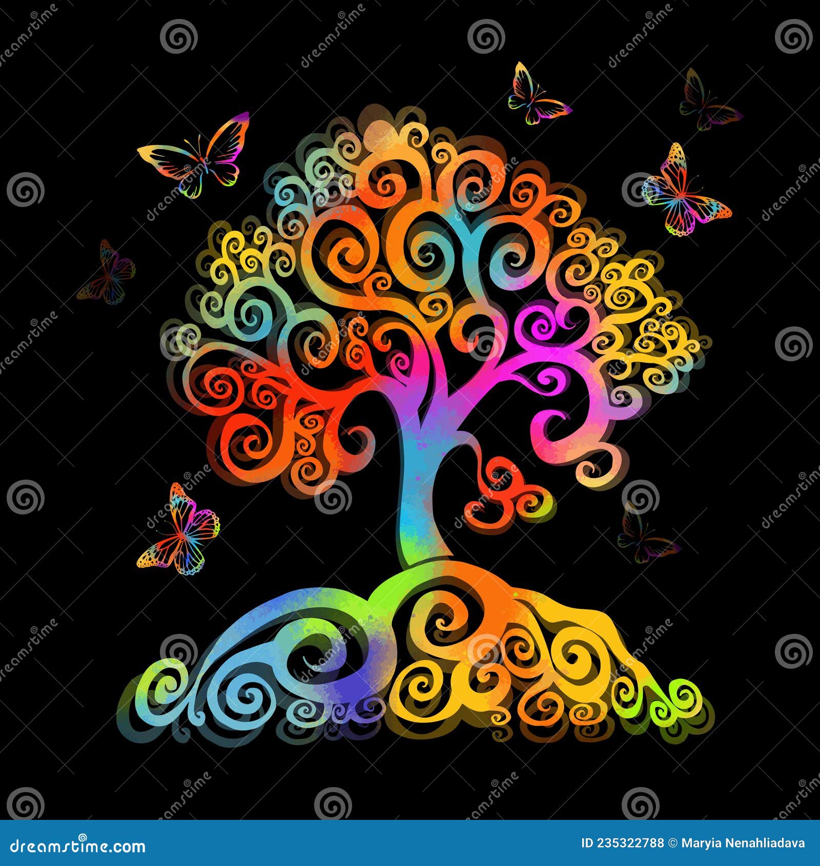 Graphic Rainbow Beautiful Abstract Tree with Butterflies. Vector ...