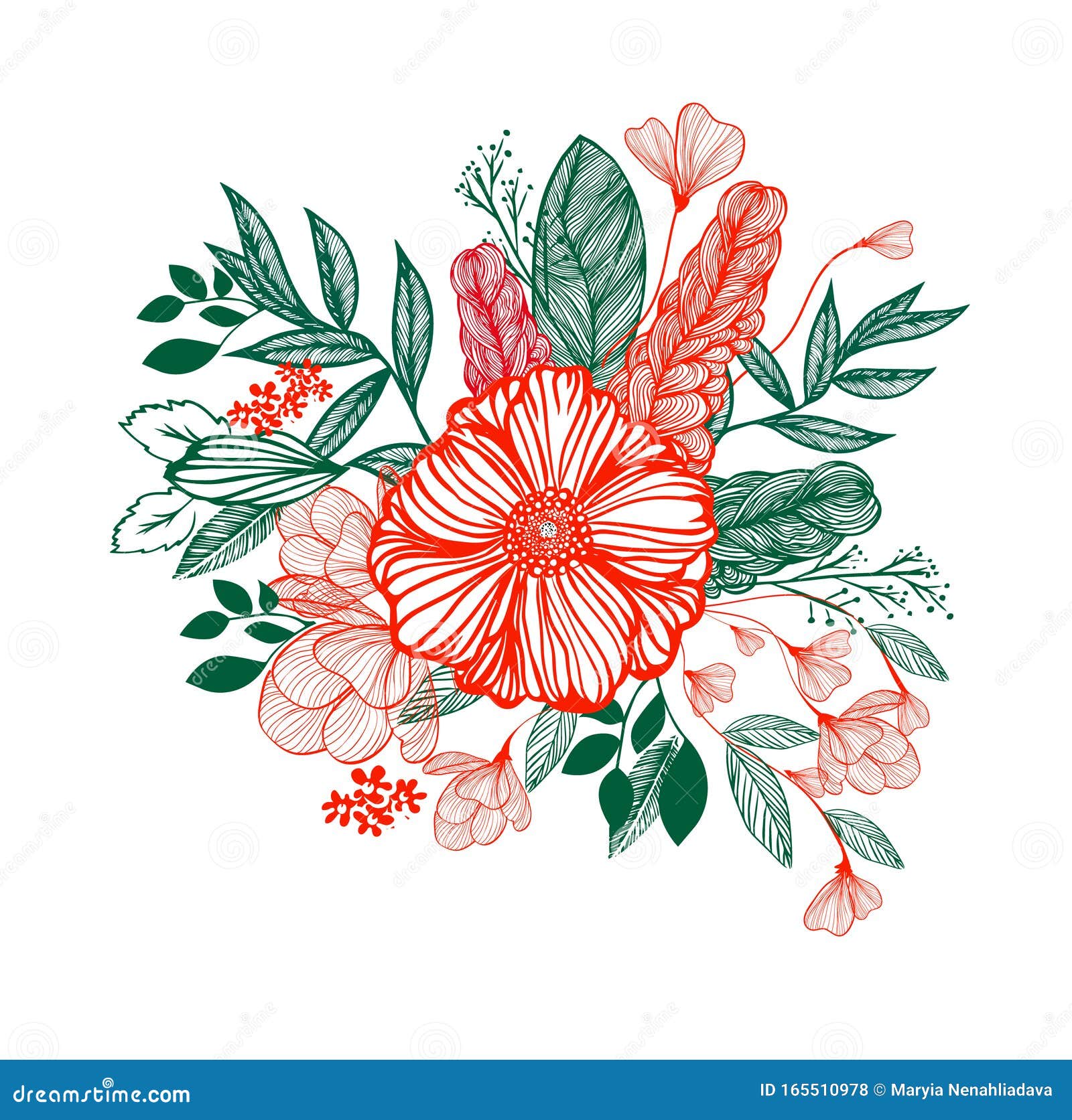 Graphic Red and Green Flower with Green Leaves. Vector Stock ...