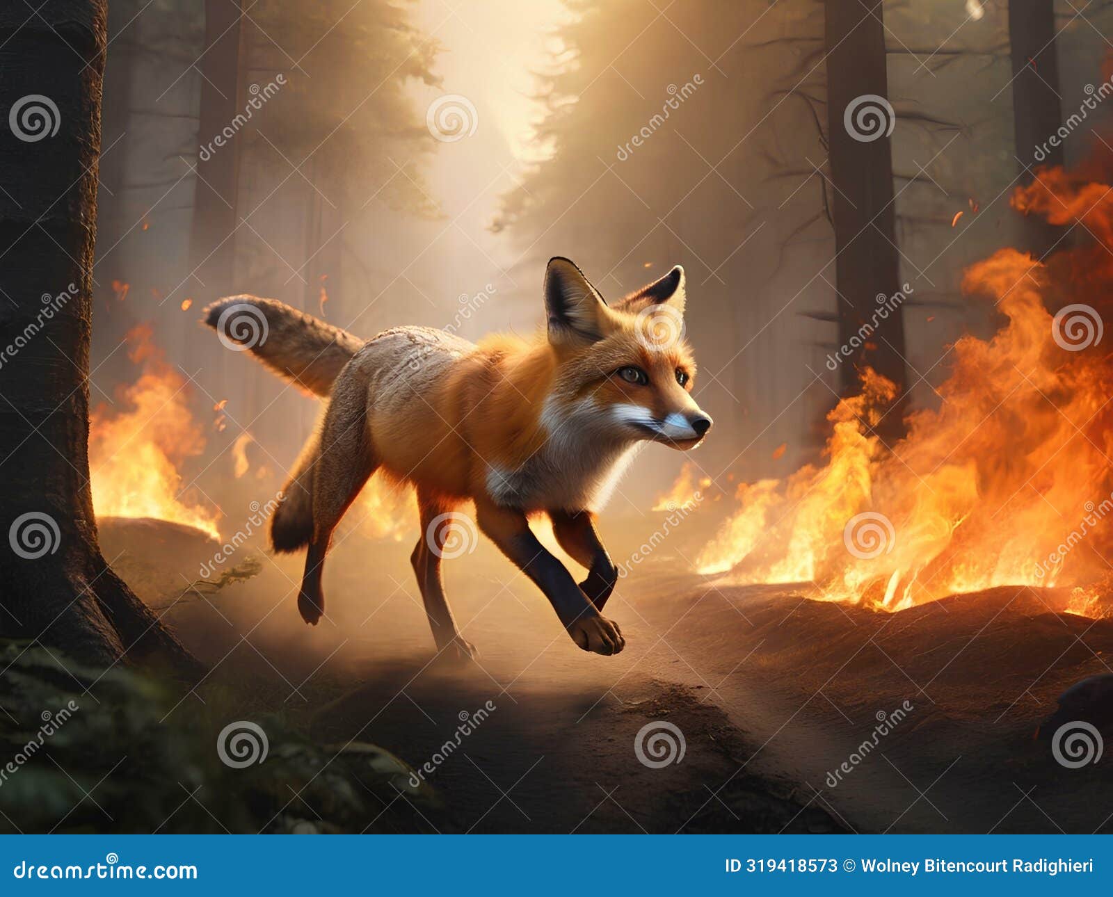 Image of a Fox Running Away from a Burning Forest 3 Stock Illustration ...