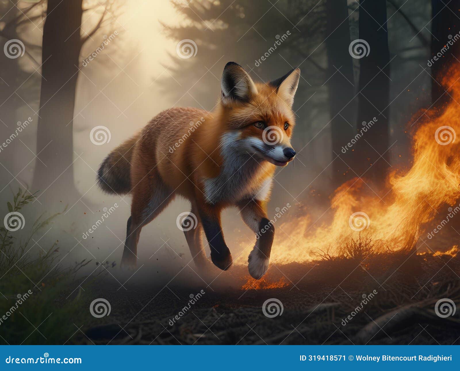 Image of a Fox Running Away from a Burning Forest 4 Stock Illustration ...