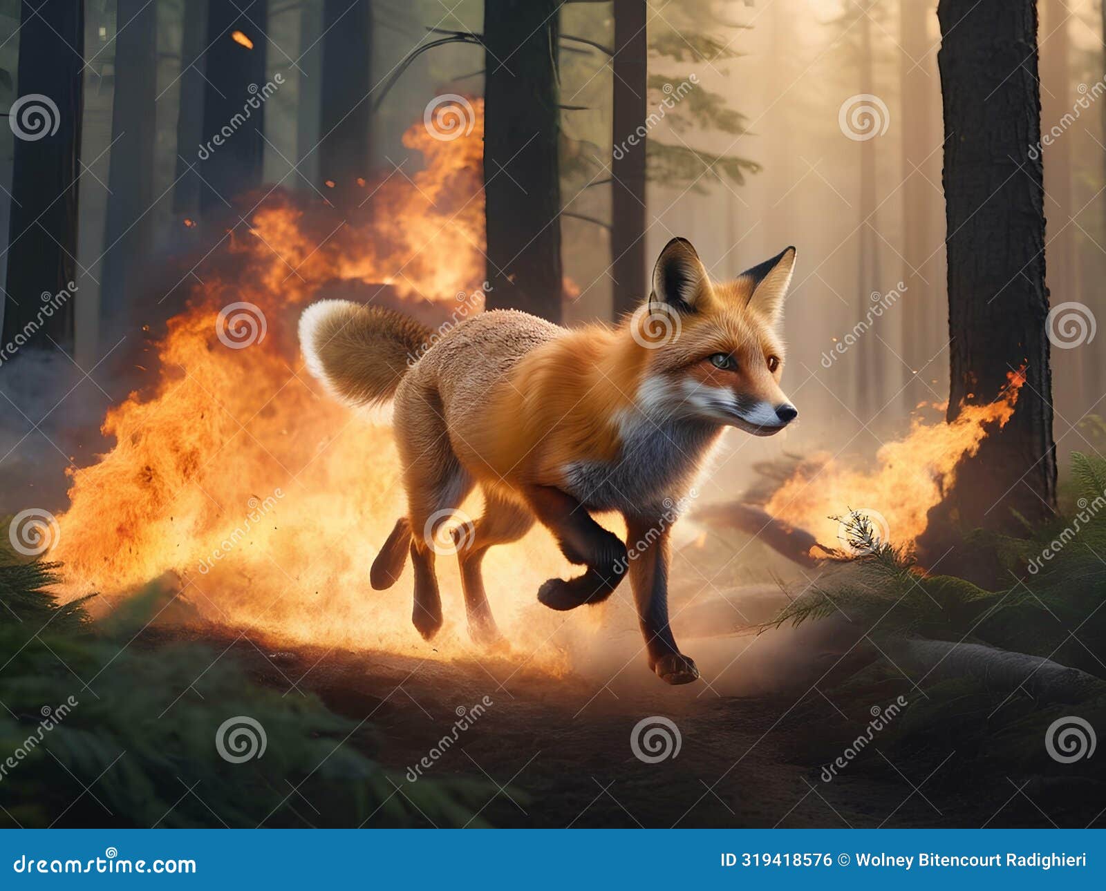 Image of a Fox Running Away from a Burning Forest 1 Stock Illustration ...