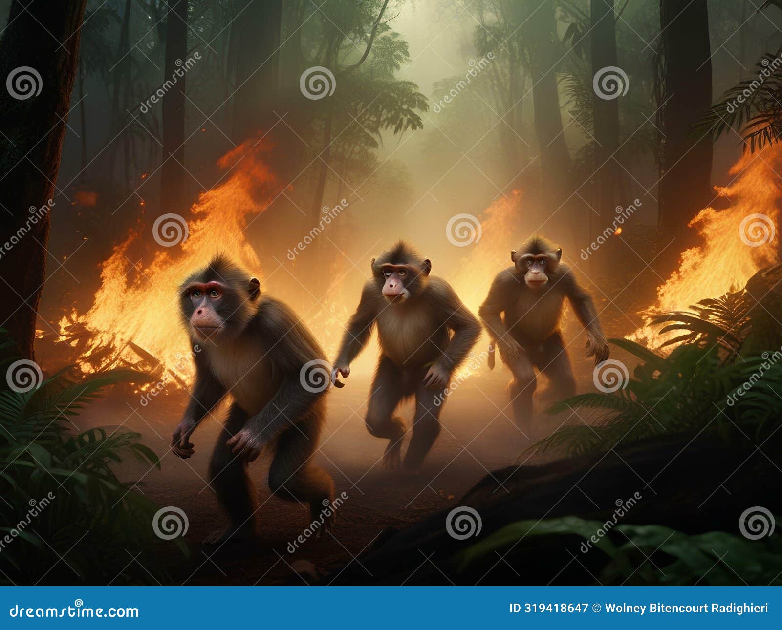 Image of Monkeys Escaping from a Burning Forest 3 Stock Illustration ...