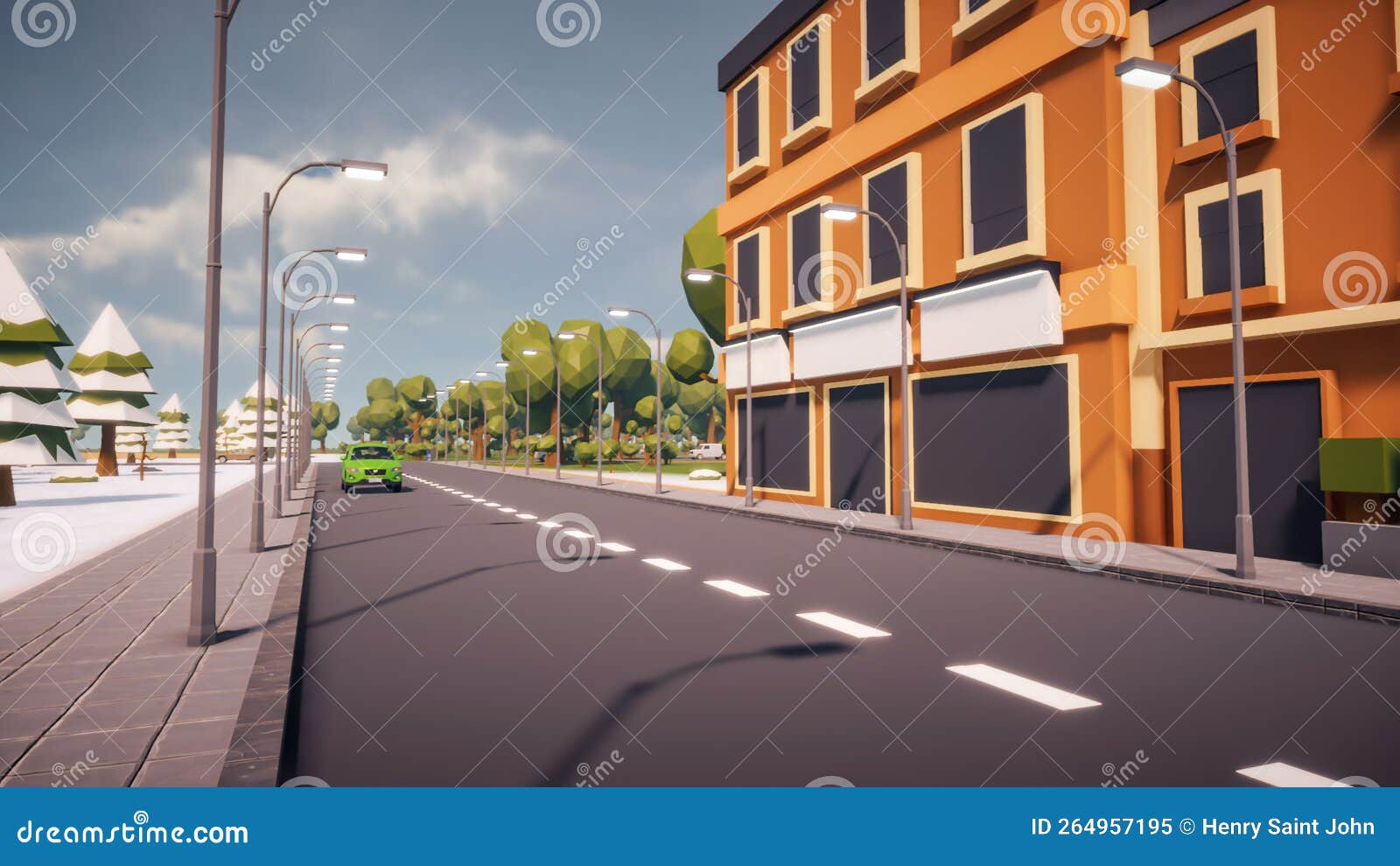 3D Rendering Landscape of Old Town Street Created with Computer Low ...