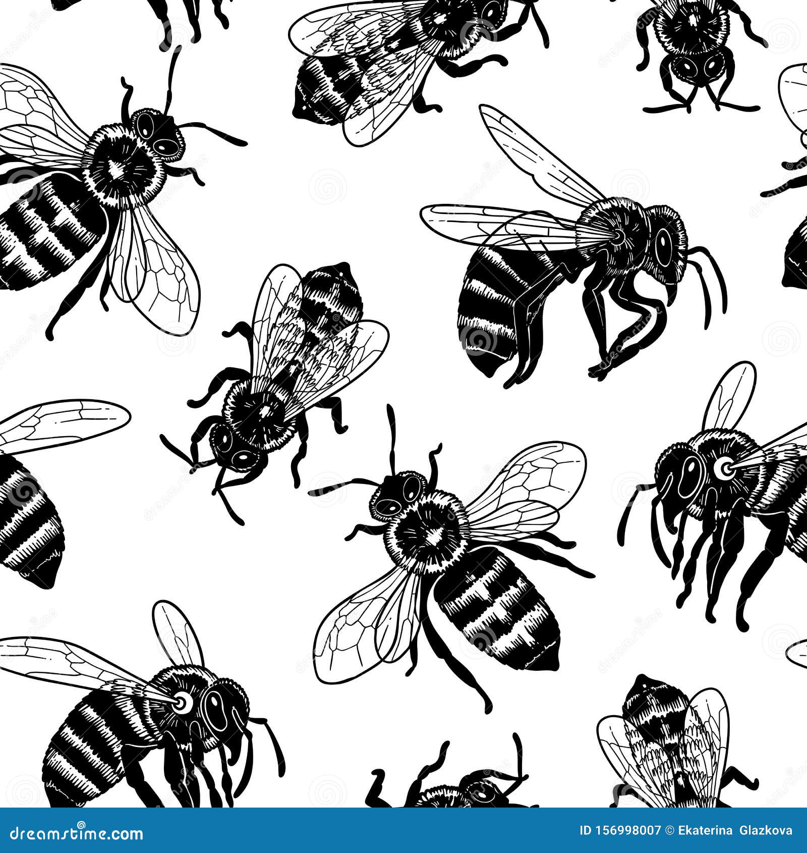 Graphic Seamless Pattern of Realistic Drawn Honey Bees Stock Vector ...