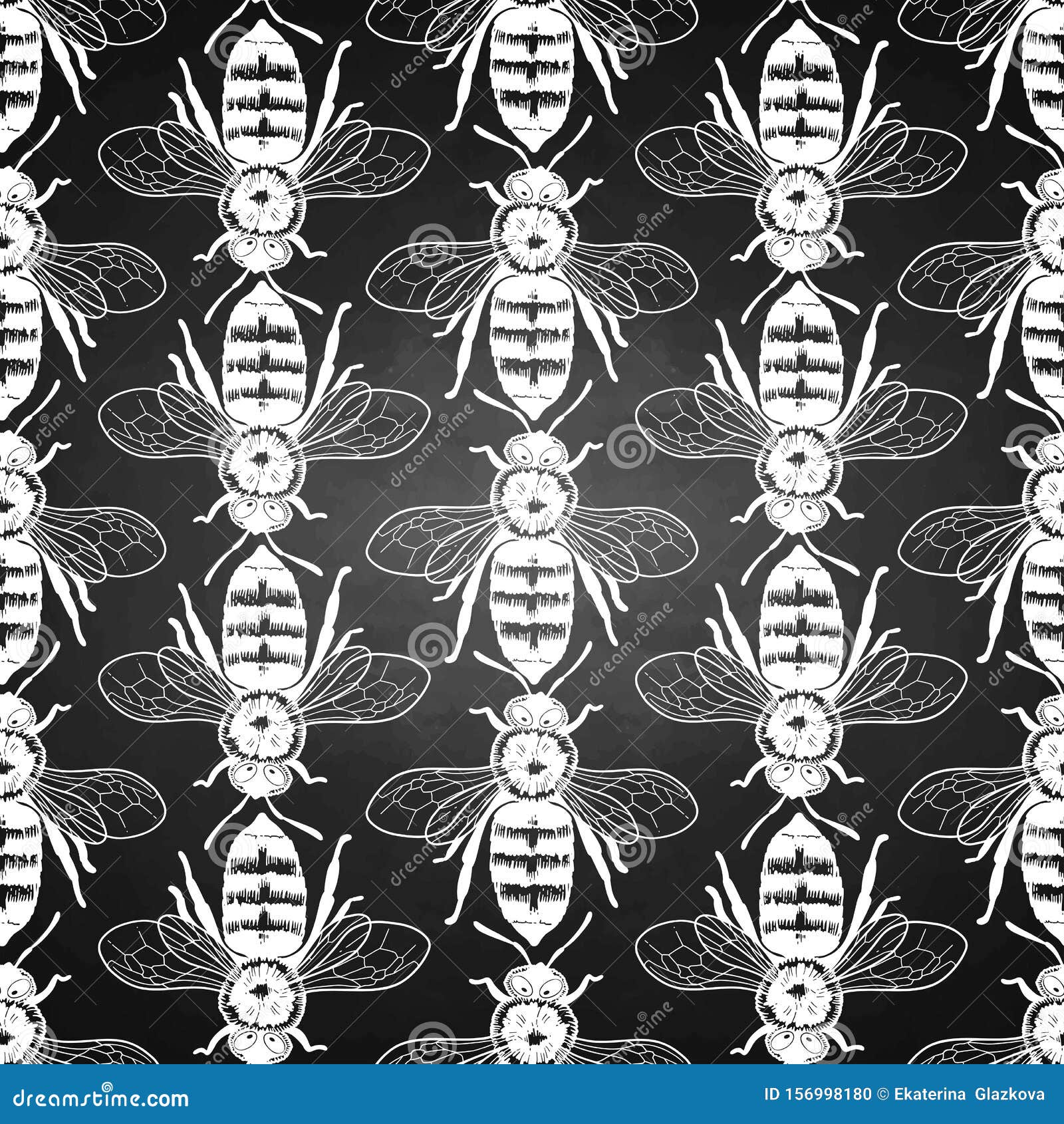 Graphic Seamless Pattern of Realistic Drawn Honey Bees Stock Vector ...
