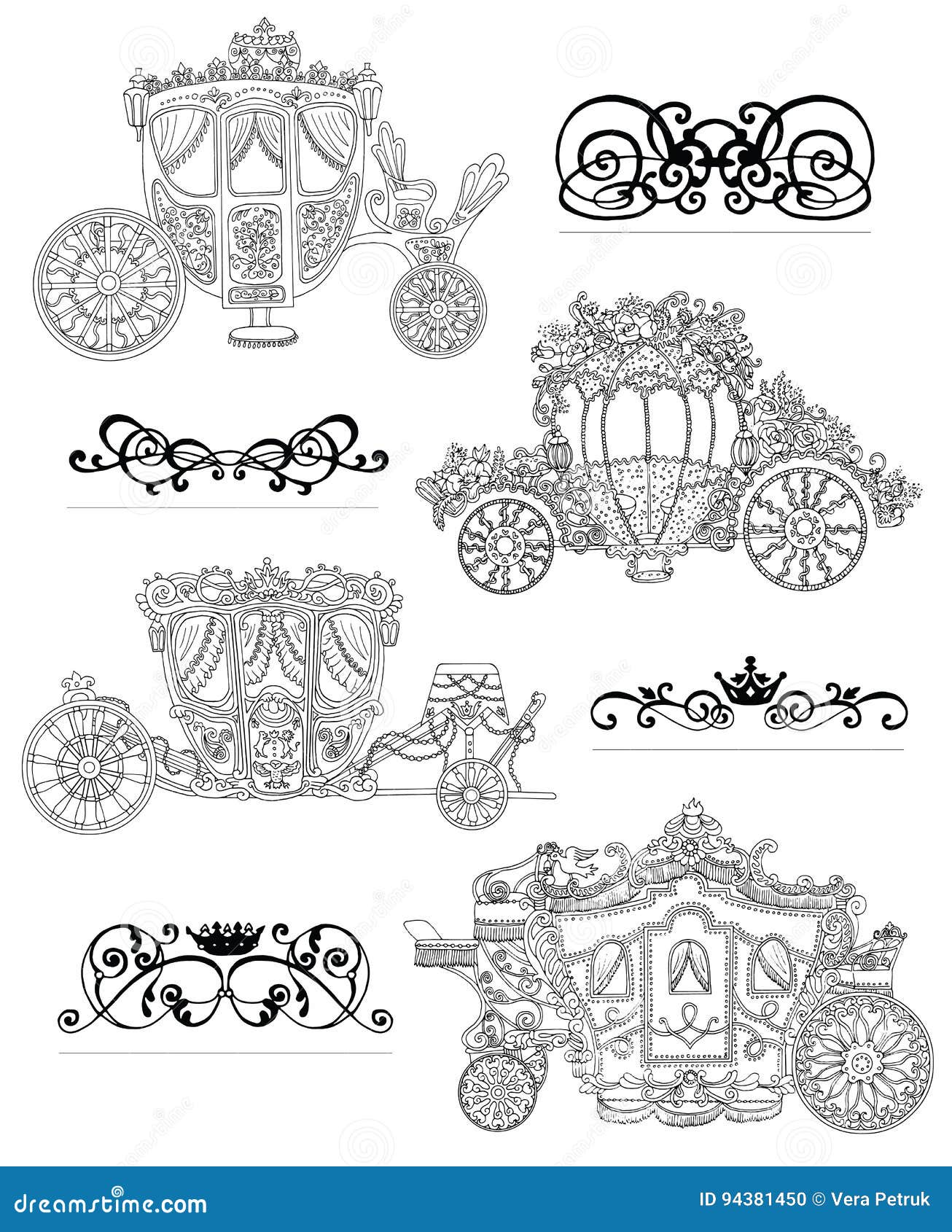 Graphic Set with Old Carriages and Vignette Patterns Isolated on White ...