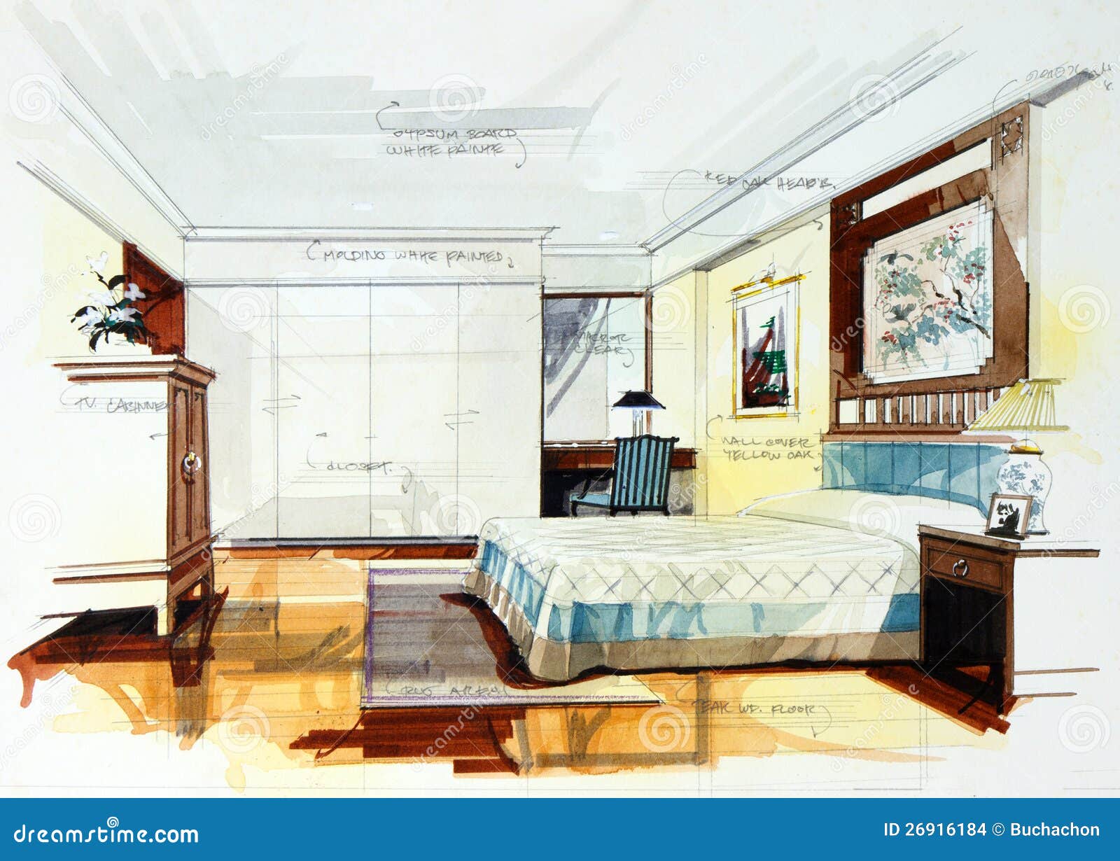 Graphic sketch of bedroom stock illustration. Illustration of detail ...