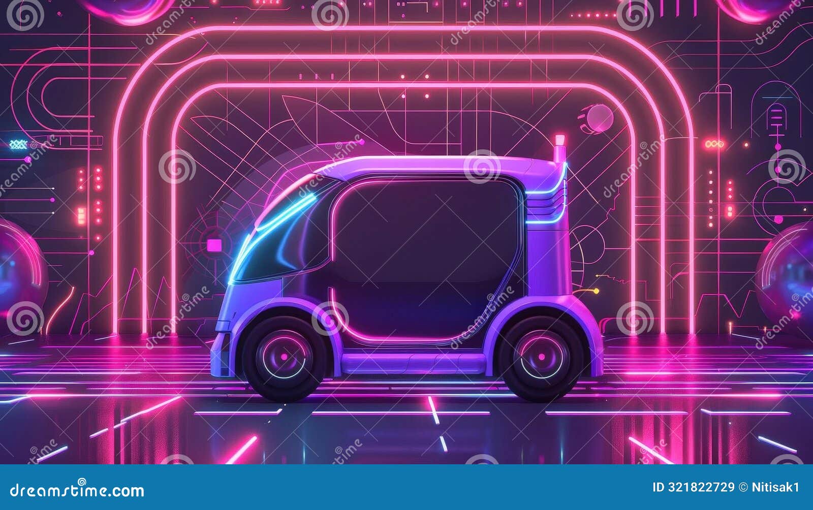Graphic of Vector Illustration of an Autonomous Bus in a Neonlit City ...