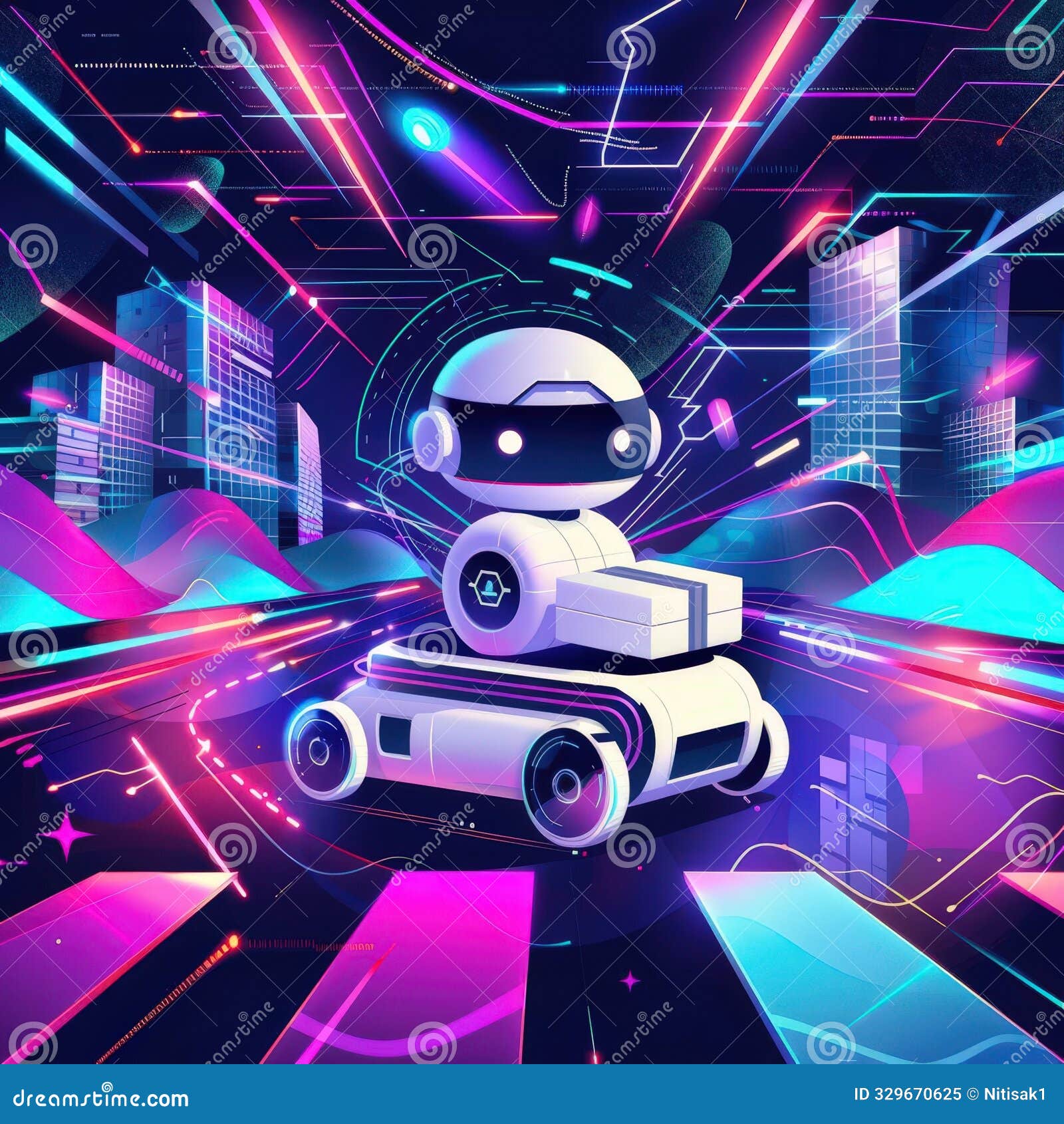 Graphic of Vector Illustration of an Autonomous Bus in a Neonlit City ...